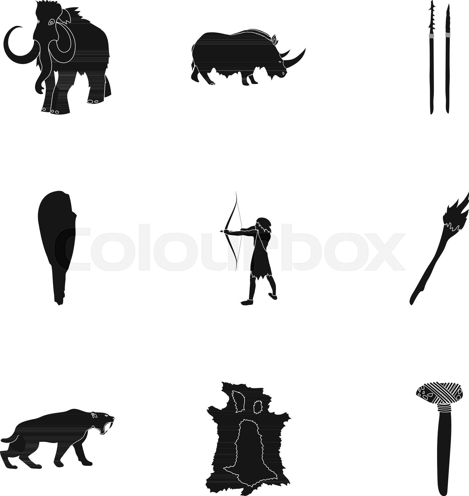 Stone age set icons in black style. Big collection of stone age vector ...