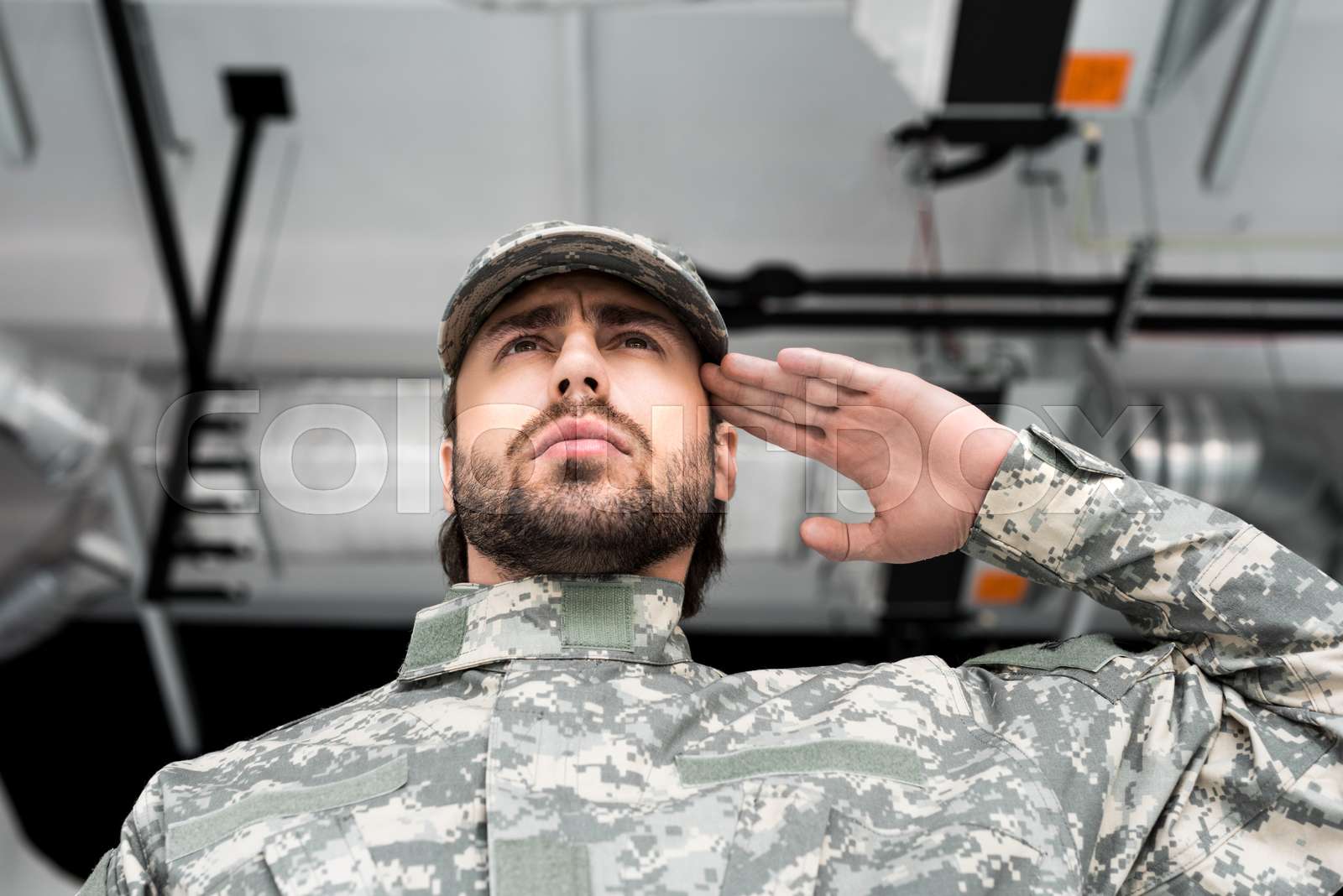 low angle view of confident soldier in military uniform saluting with ...