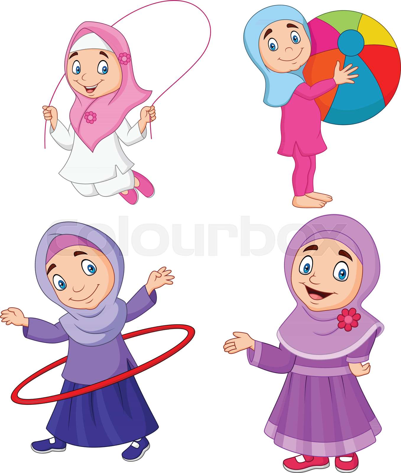 Cartoon muslim girls with different hobbies | Stock vector | Colourbox