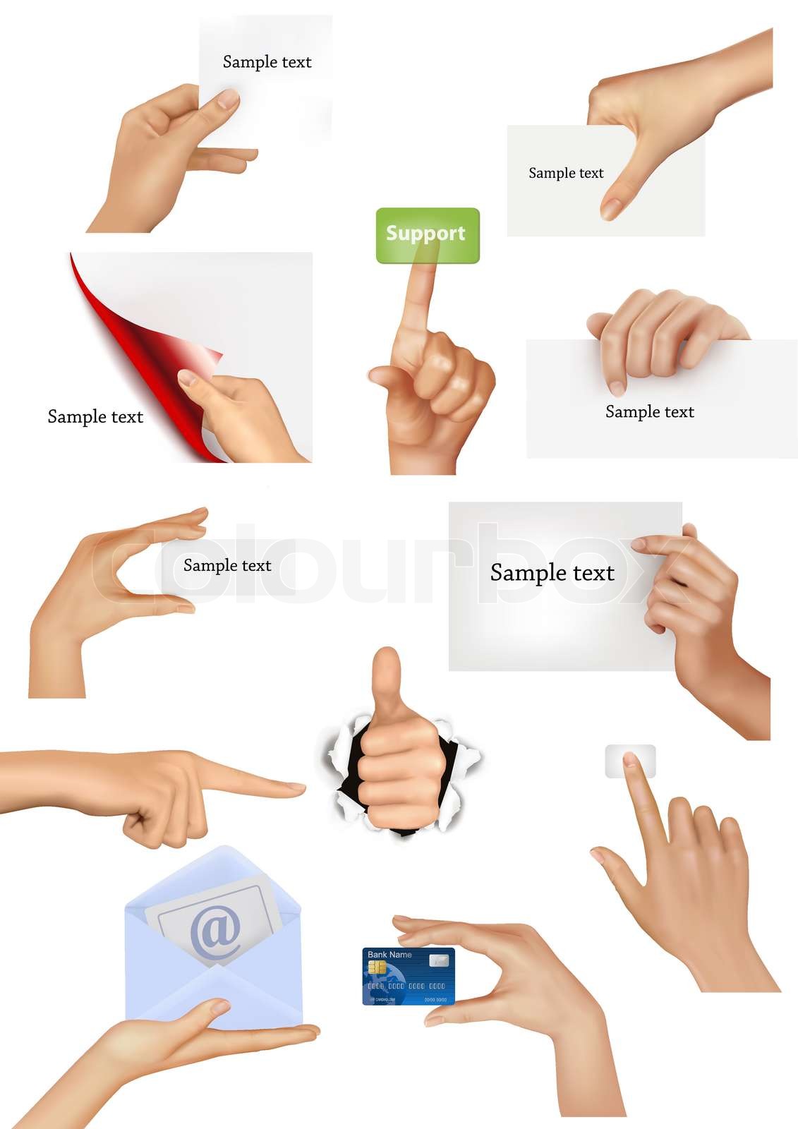 Set of hands holding different business objects. Vector illustration ...