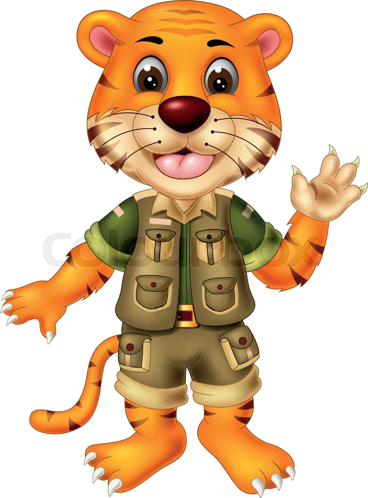 cute tiger cartoon standing with smile and waving on white background ...