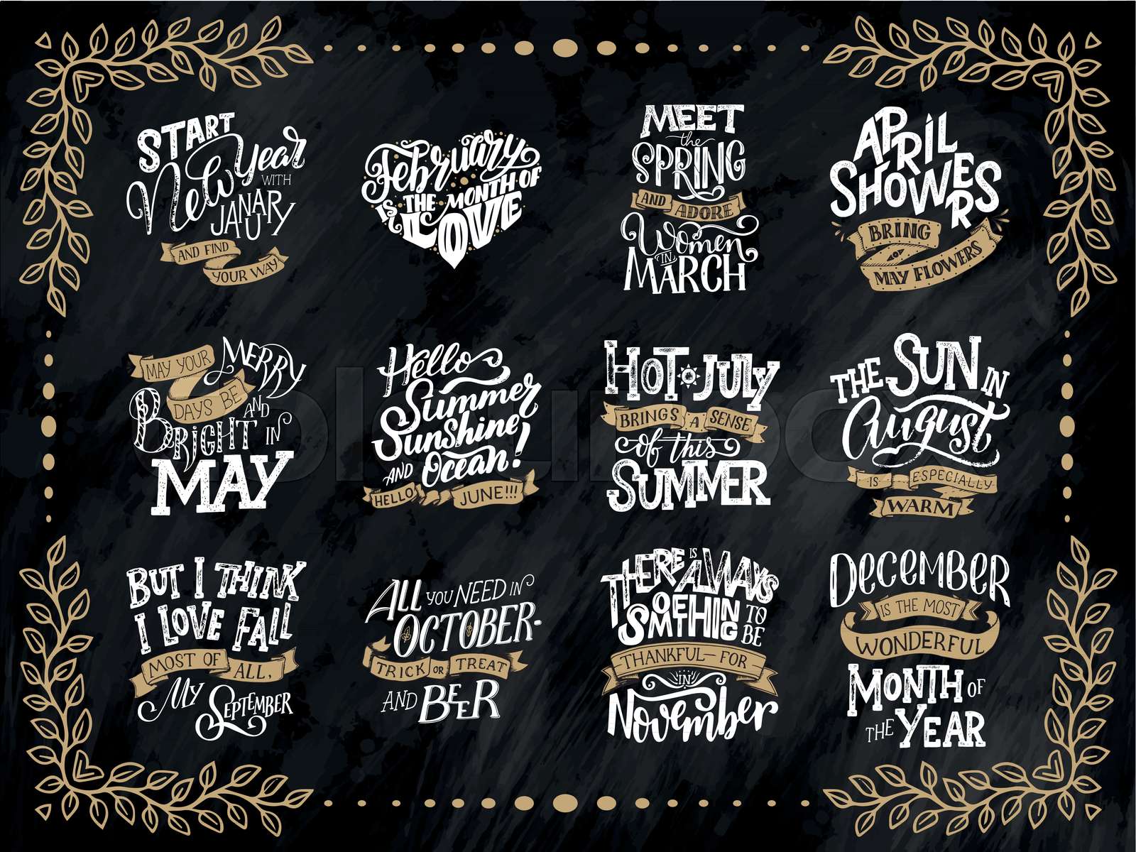 Set of compositions for every months, calendar, planner template. Hand ...