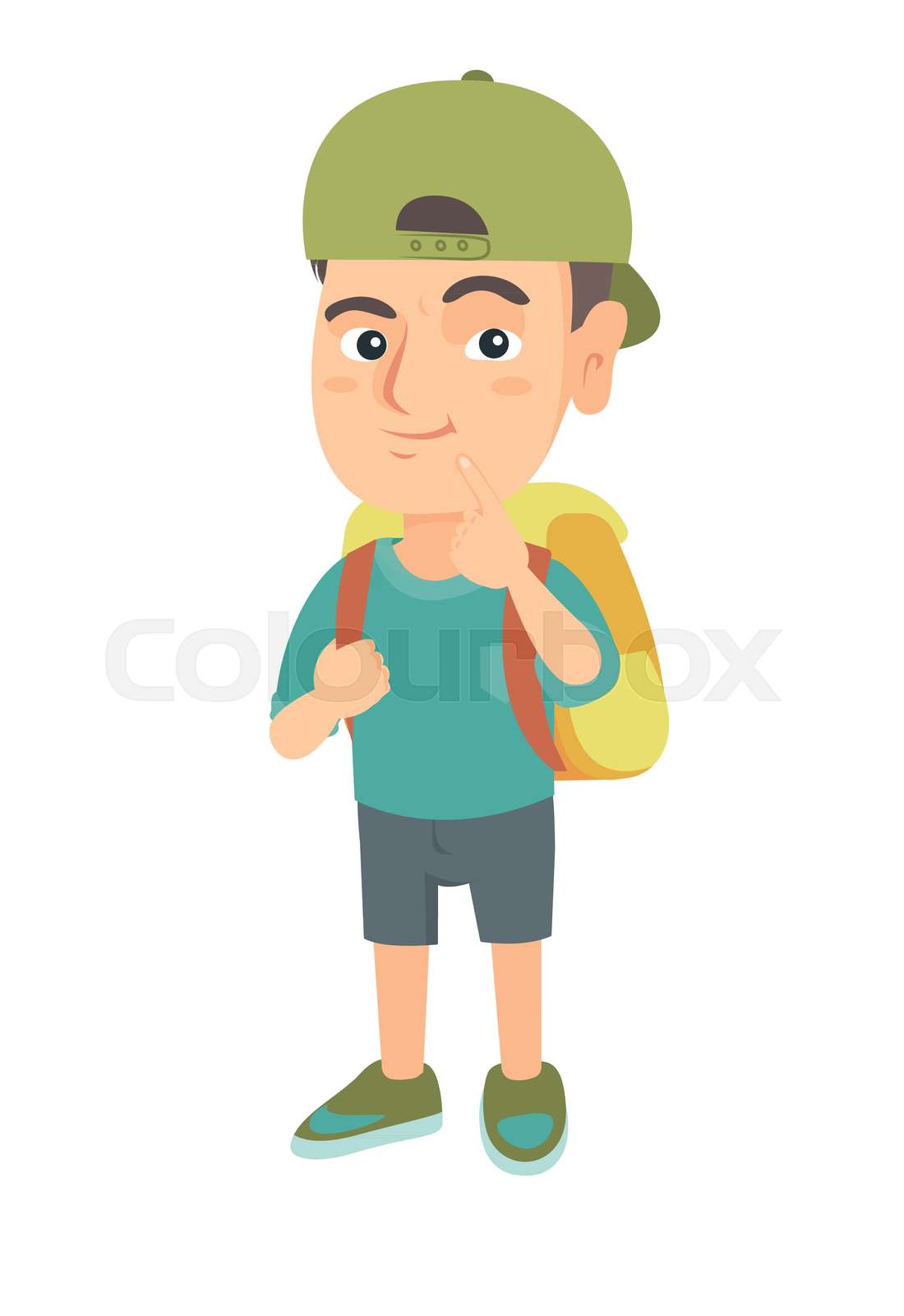 Caucasian little boy with school bag thinking. | Stock vector | Colourbox