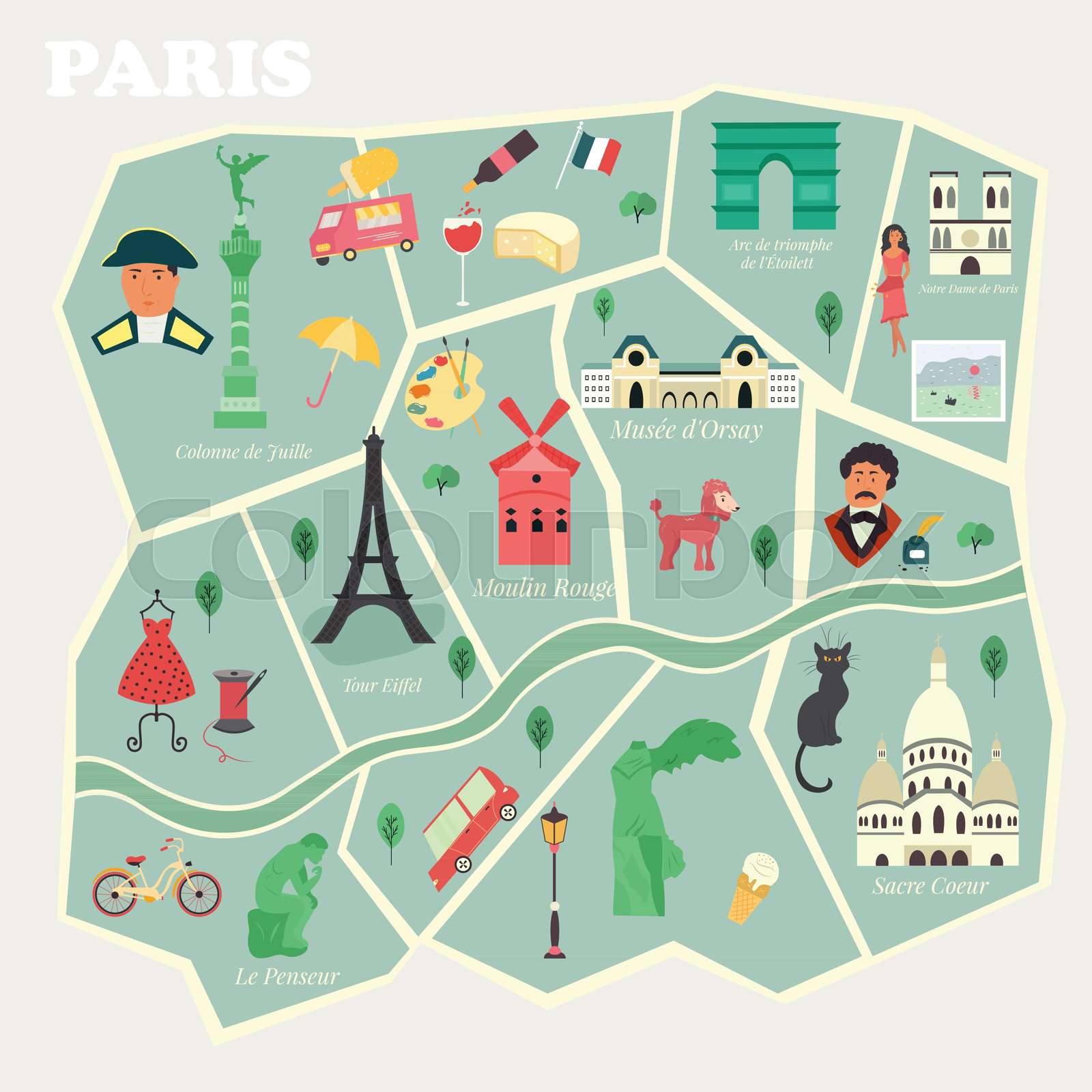 Map of Paris with streets and famous places | Stock vector | Colourbox