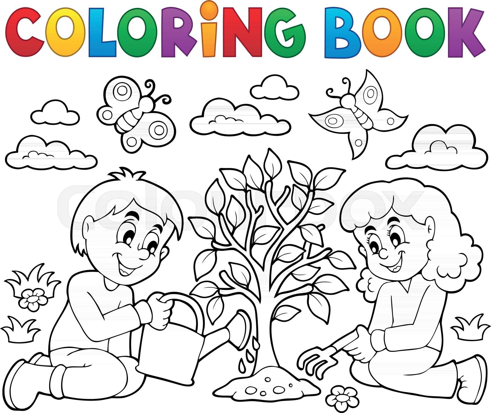 Coloring book kids planting tree | Stock vector | Colourbox