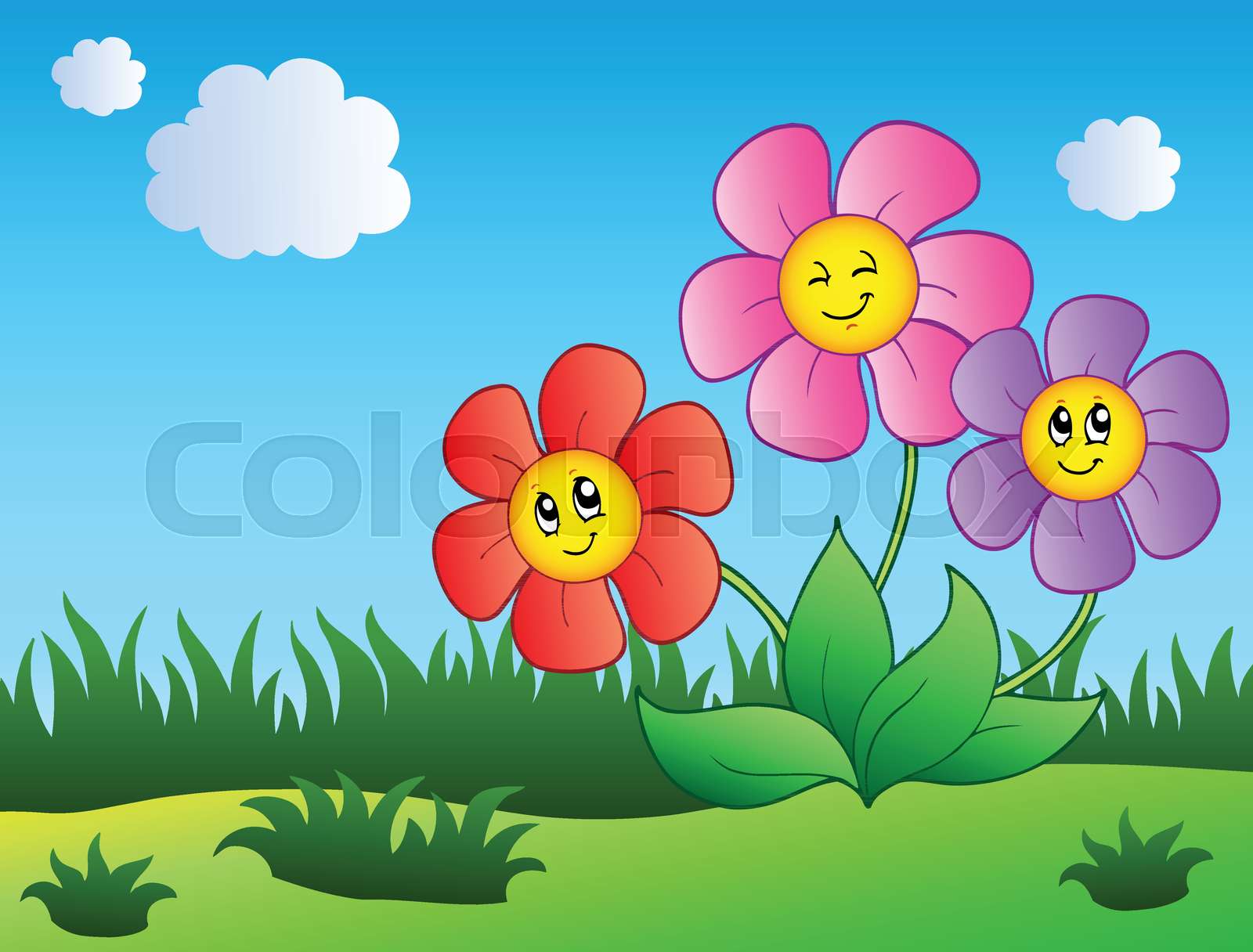 Three cartoon flowers on meadow | Stock vector | Colourbox