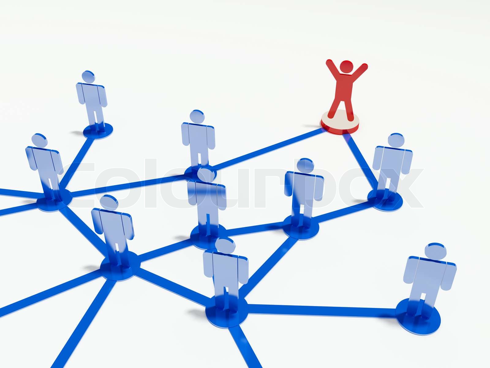 Group of people connected with blue lines with one red figure ahead as ...