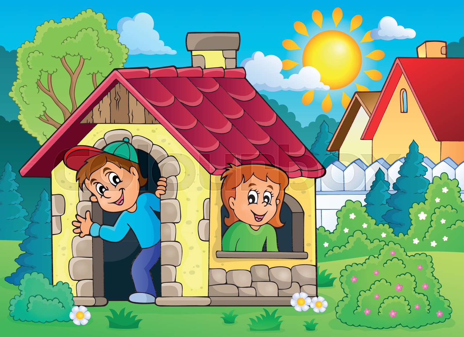 Children playing in small house theme 2 | Stock vector | Colourbox