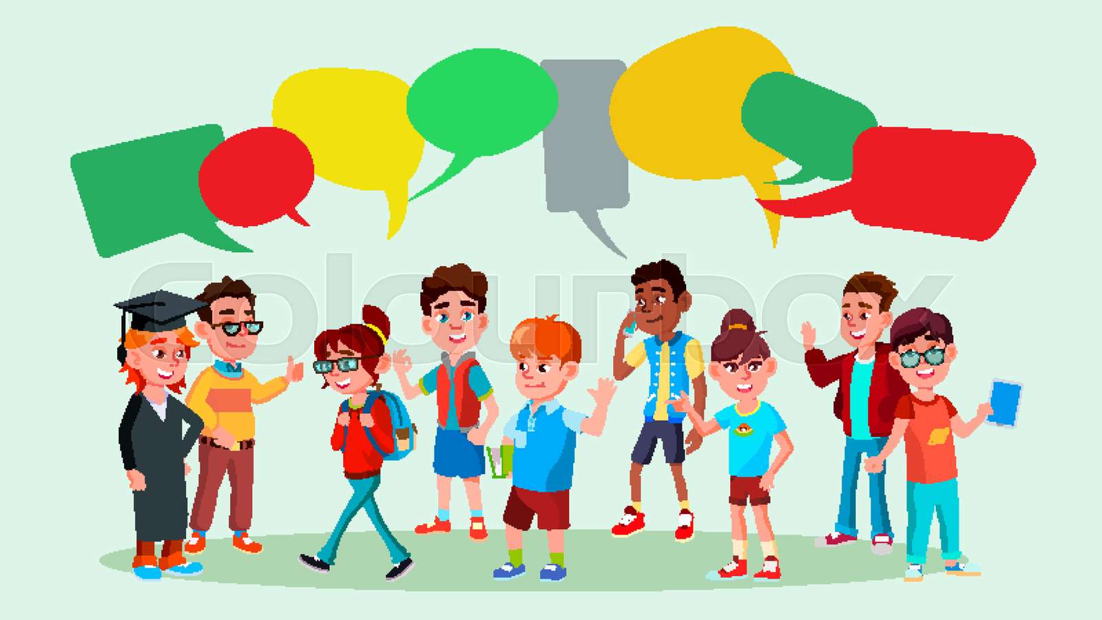 Group Of Pupils Vector. School. Discussing. Brainstorming. Talking ...