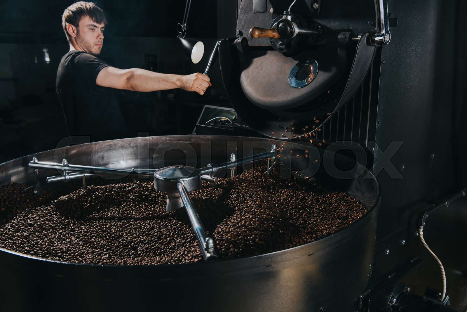 Professional male roaster working with industrial roasting machine ...