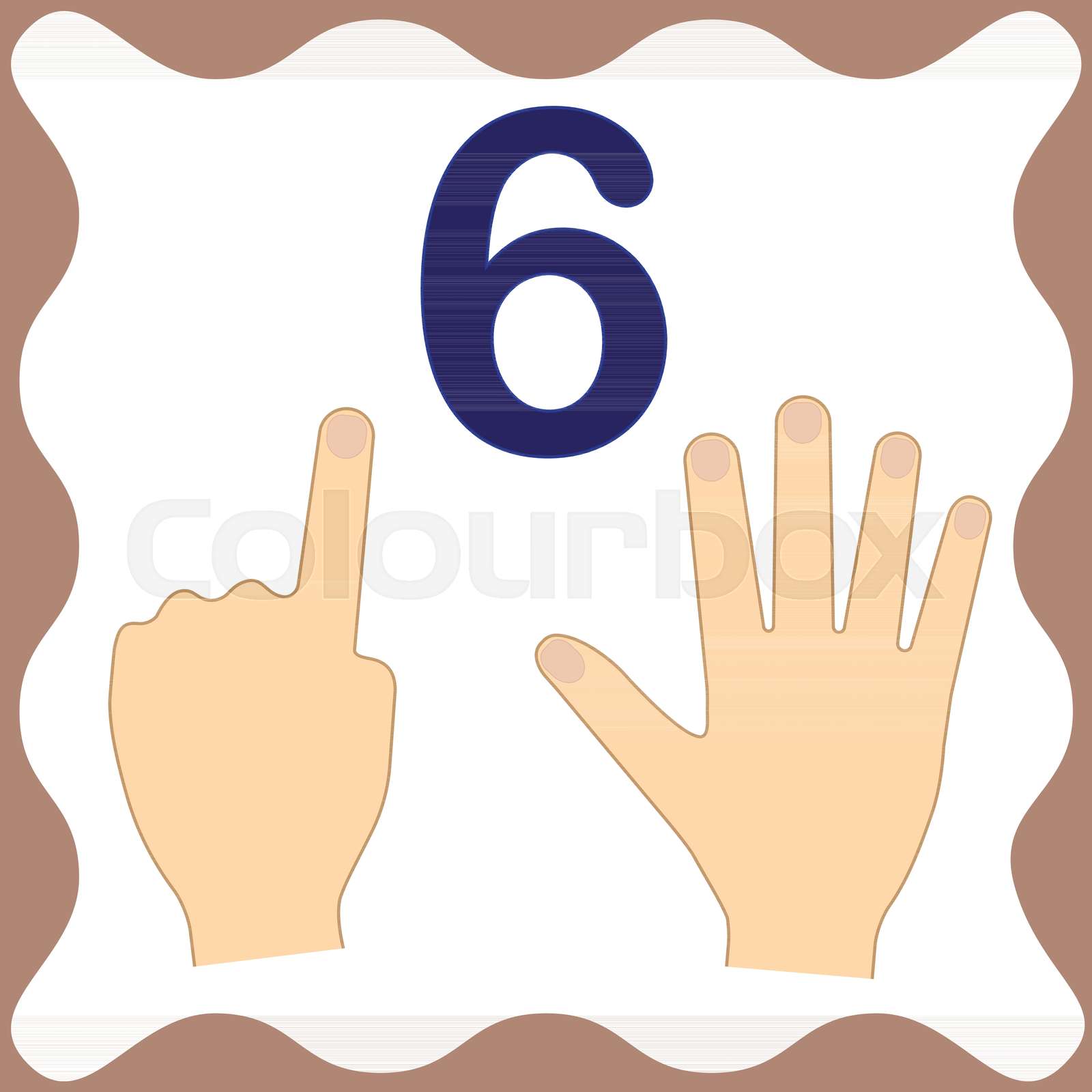 Number 6 (six), educational card, learning counting with fingers of ...