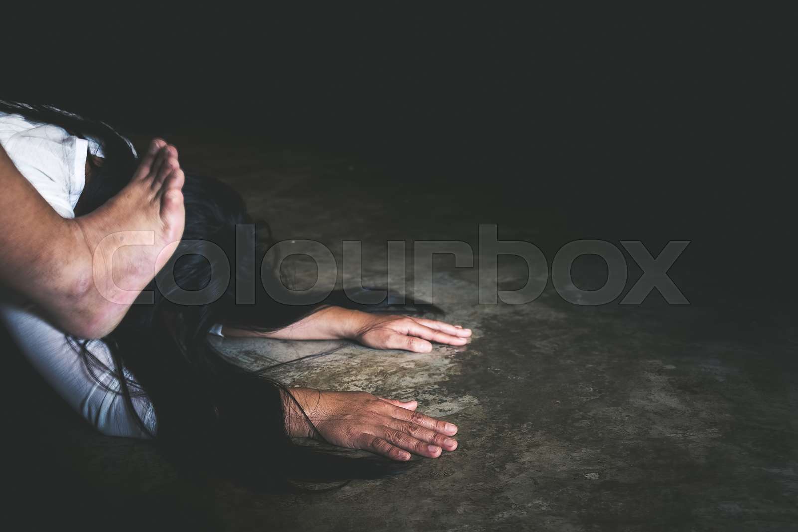Woman trampled by husband, domestic violence, abuse and people concept ...