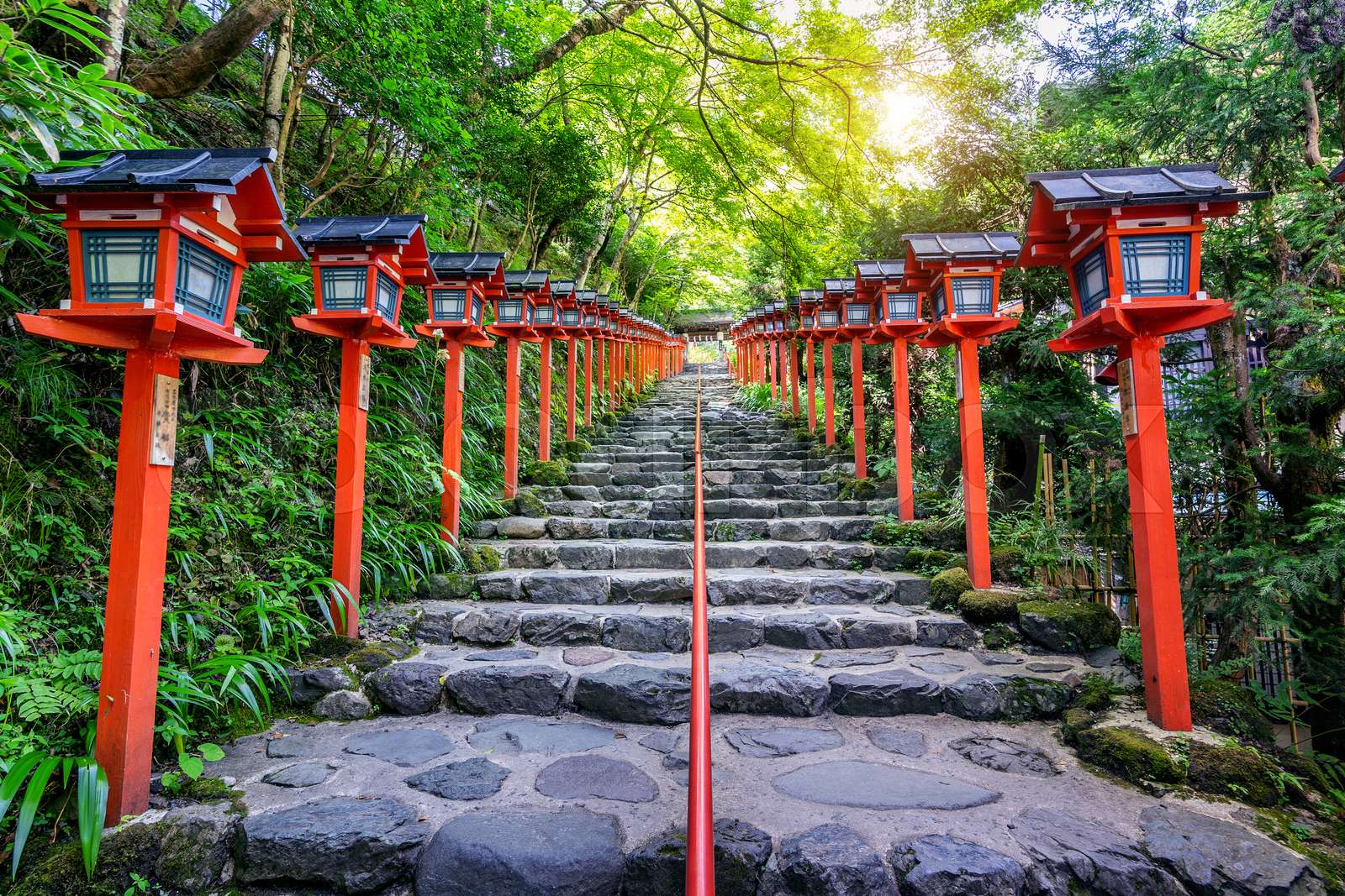 The red traditional light pole at Kifune shrine, Kyoto in Japan ...