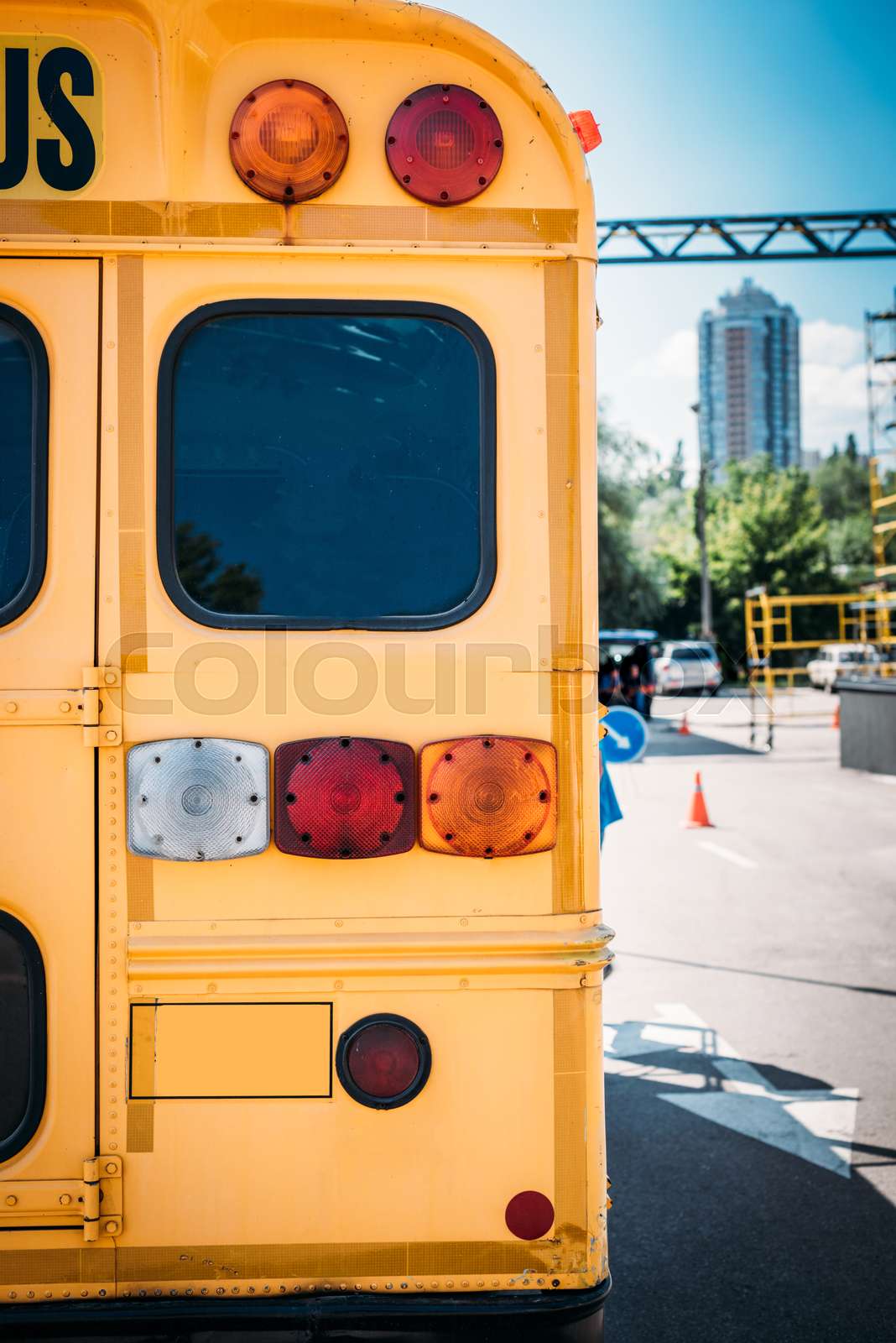 rear view of school bus back lights standing on parking | Stock image ...