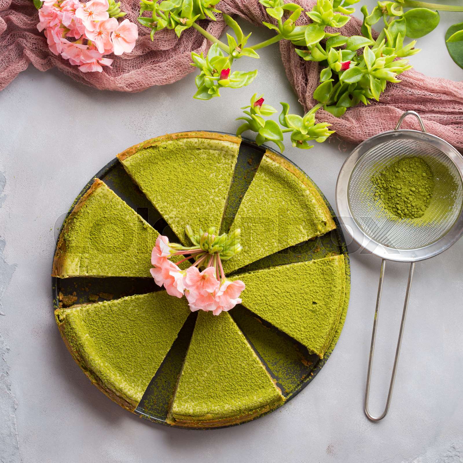 Matcha cheese cake and flowers | Stock image | Colourbox