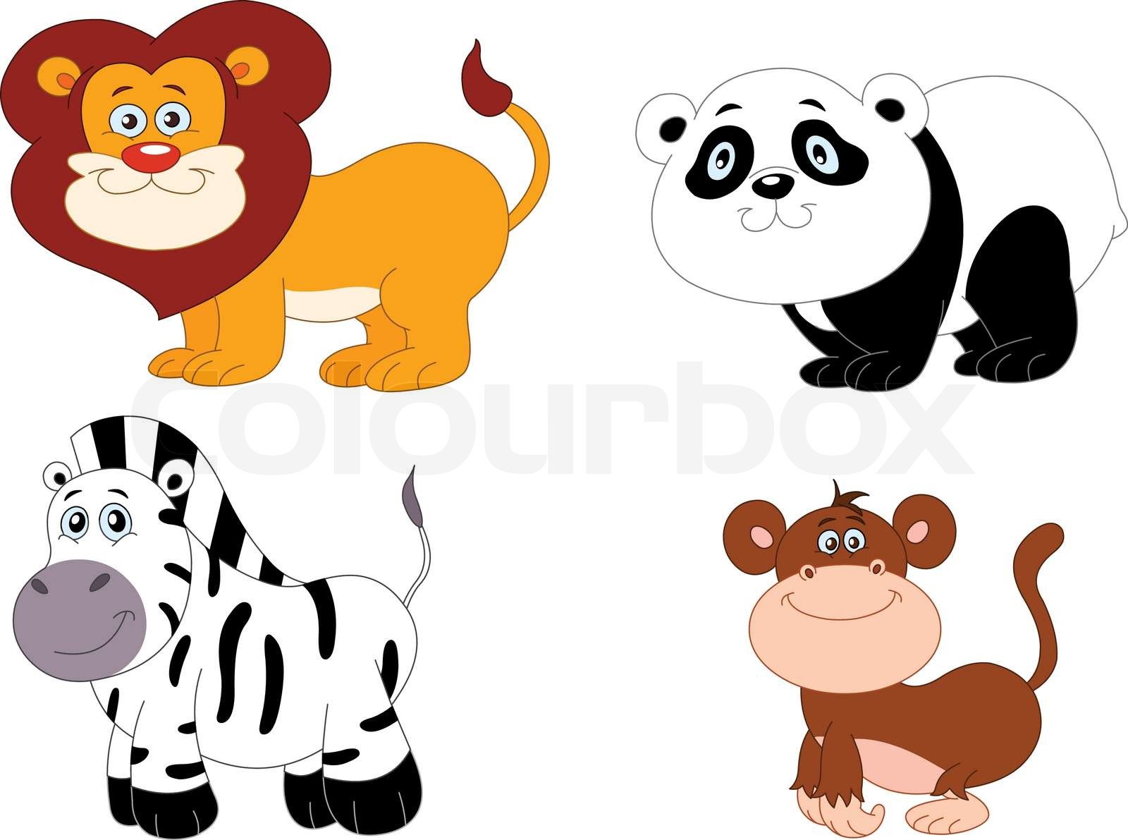 Illustration sæt med søde dyr - løve panda zebra og abe | Stock vektor ...