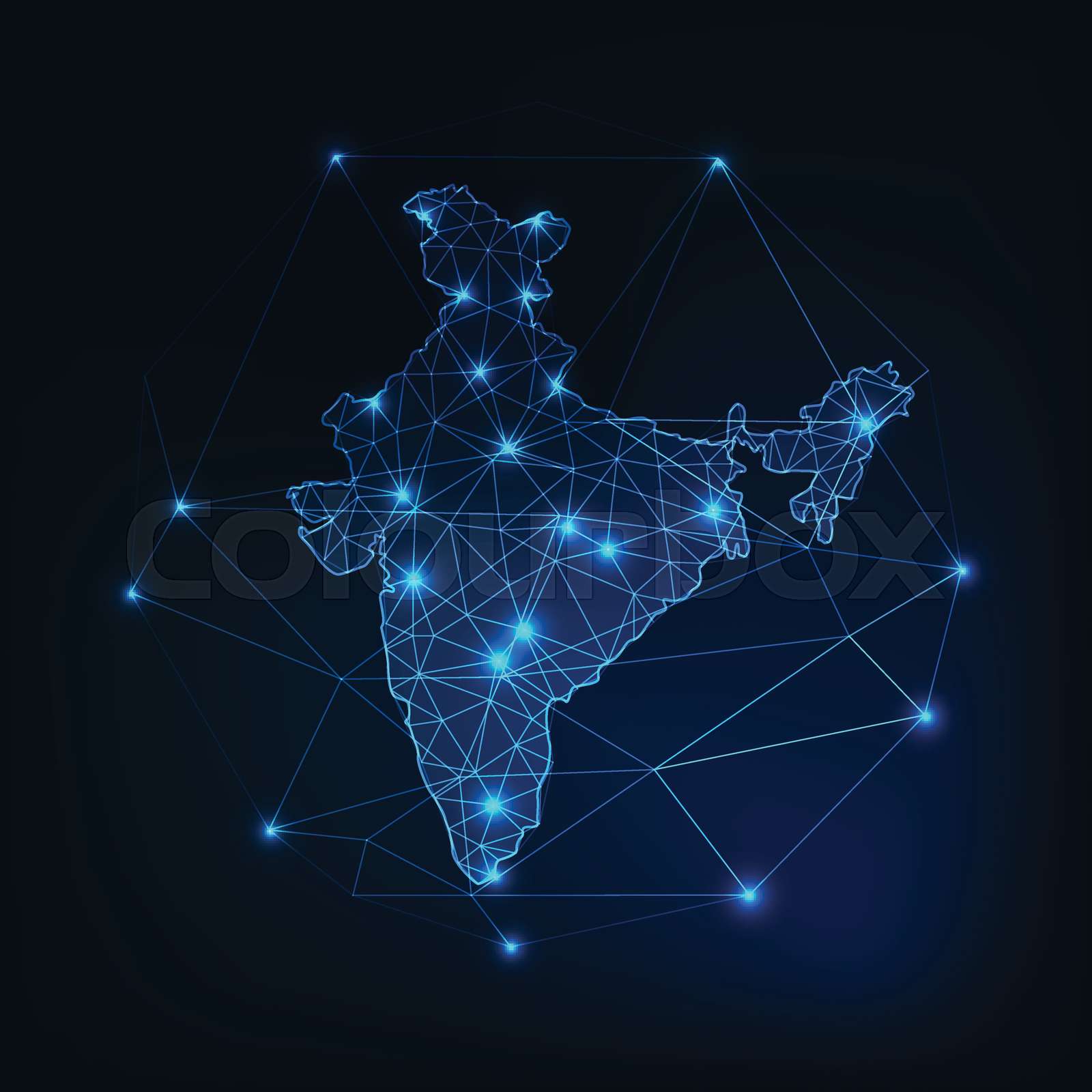India map glowing silhouette outline made of stars lines dots triangles ...