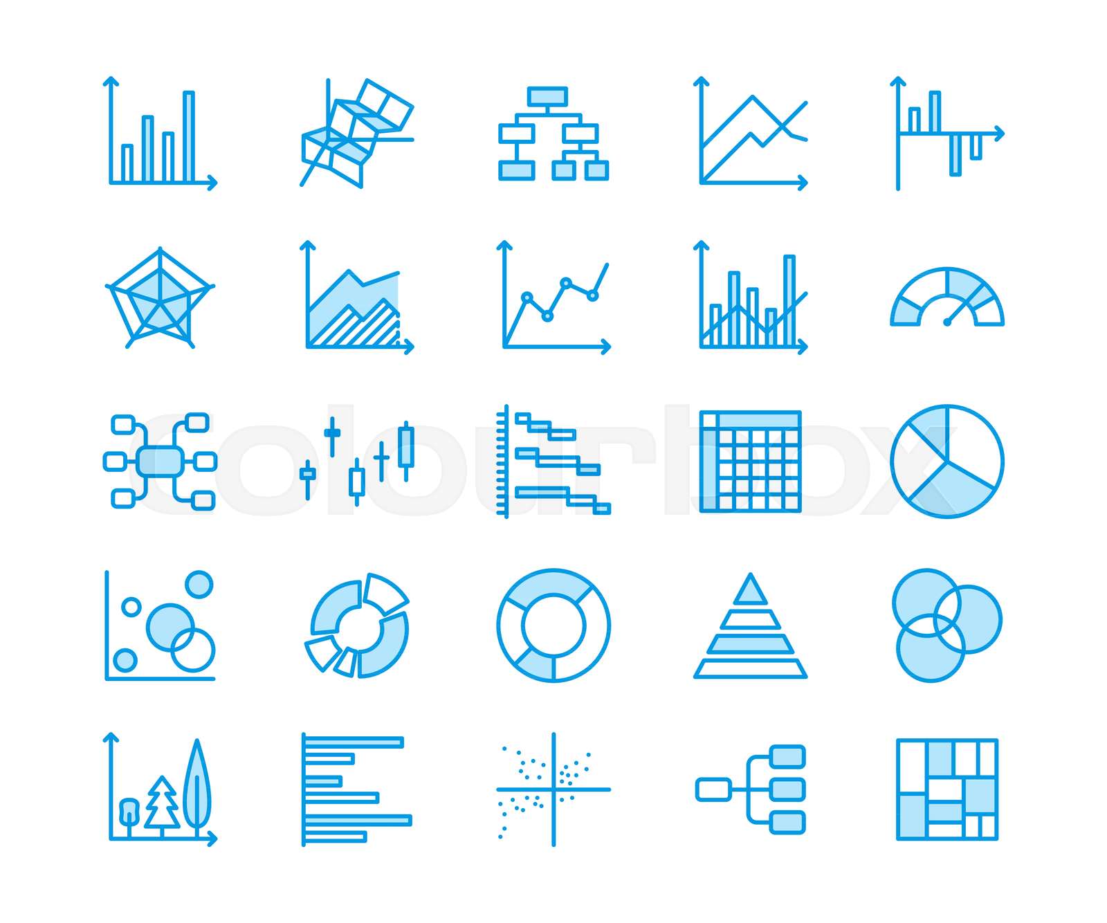 Chart types flat line icons. Linear graph, column, pie donut diagram ...