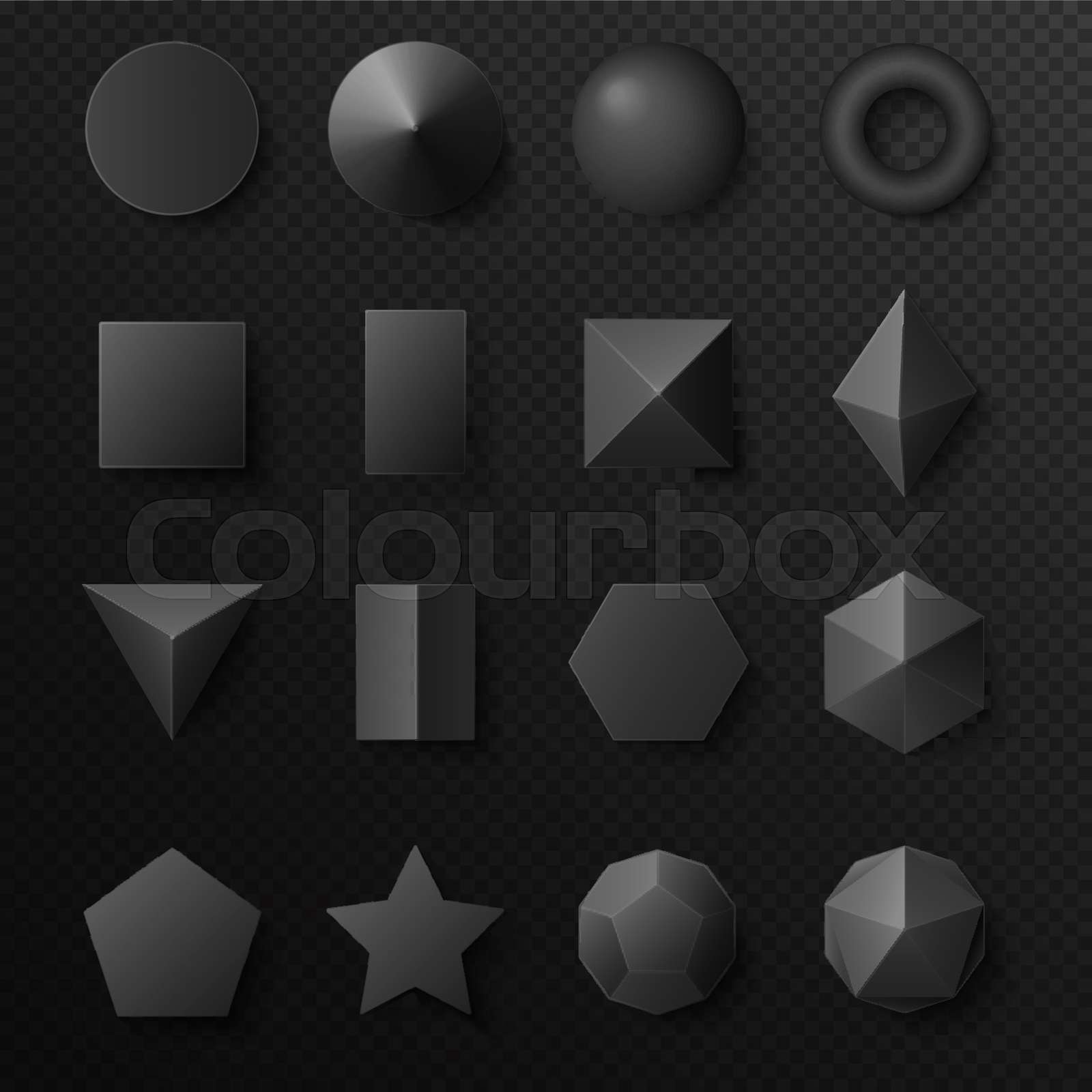 3d volumetric black shapes figures set. Realistic vector primitives ...