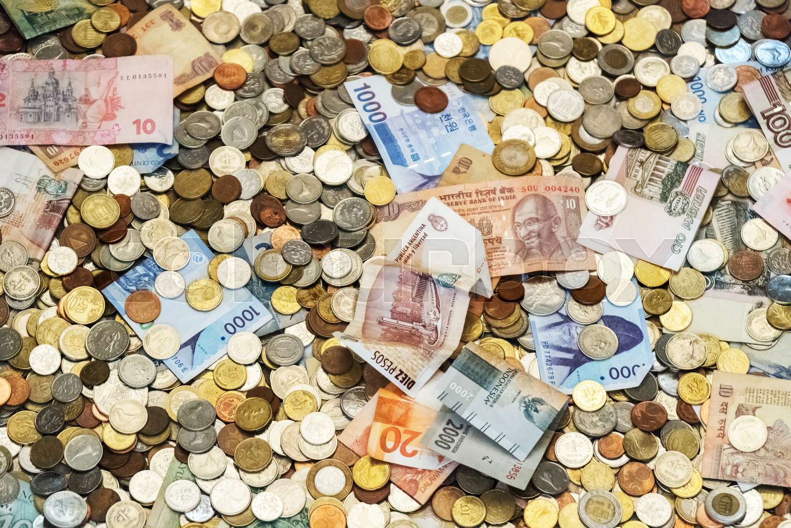 Lots of different money. Banknotes and coins. | Stock image | Colourbox