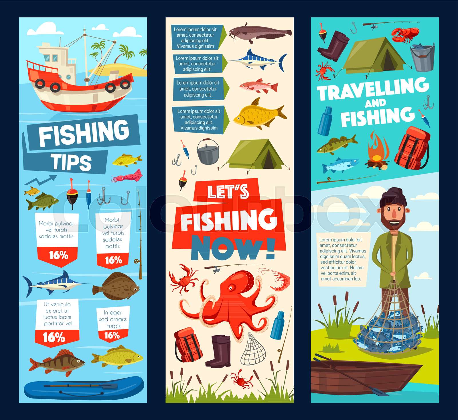 Fishing trip and fisherman fish catch tips banners | Stock vector ...