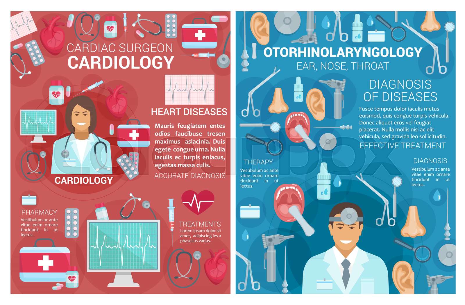 Cardiology, otolaryngology medicine clinic posters | Stock vector ...