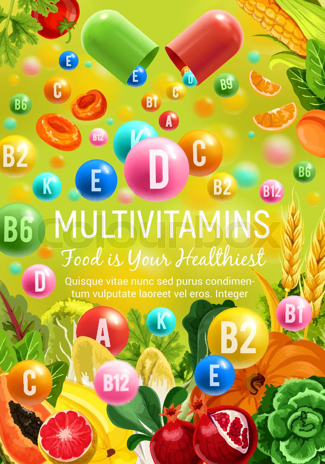Multivitamins and minerals in vegetables, fruits | Stock vector | Colourbox