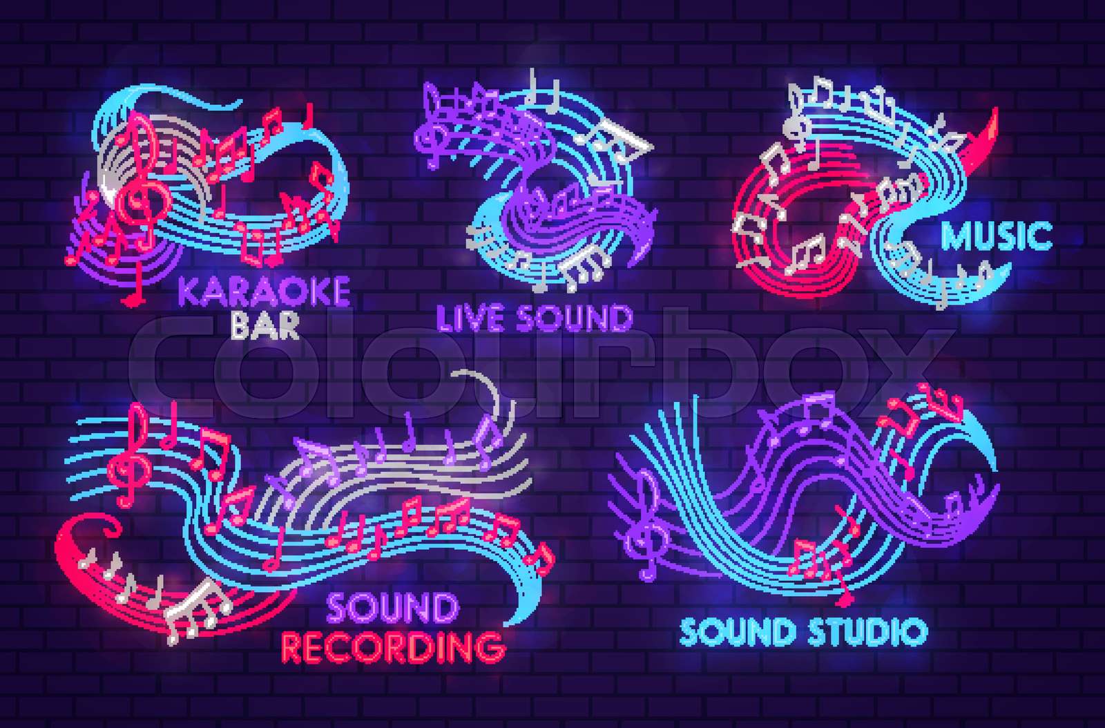 Music neon light sign with shining musical note | Stock vector | Colourbox