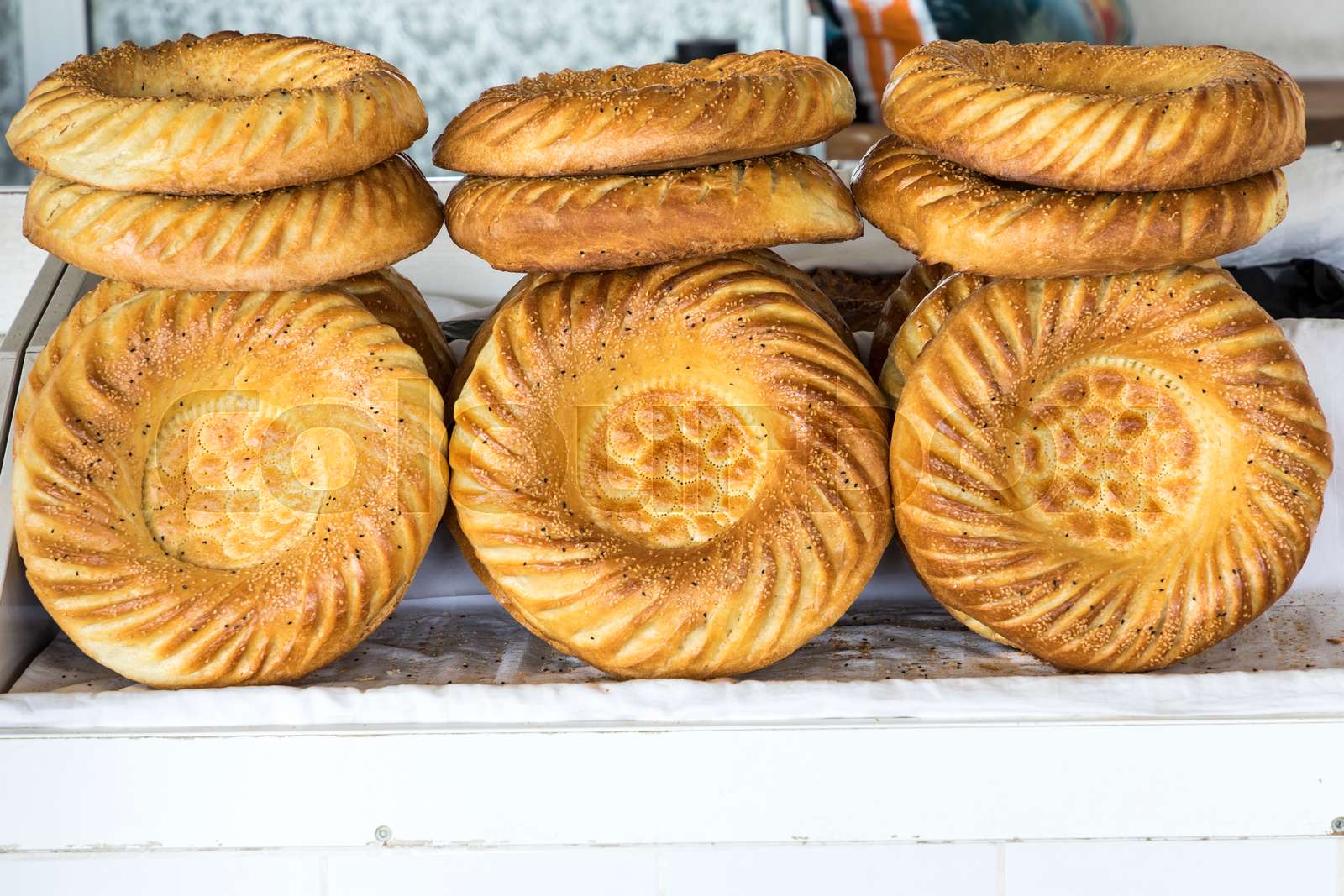 Traditional uzbekistan bread lavash at local bazaar, is a soft flat ...