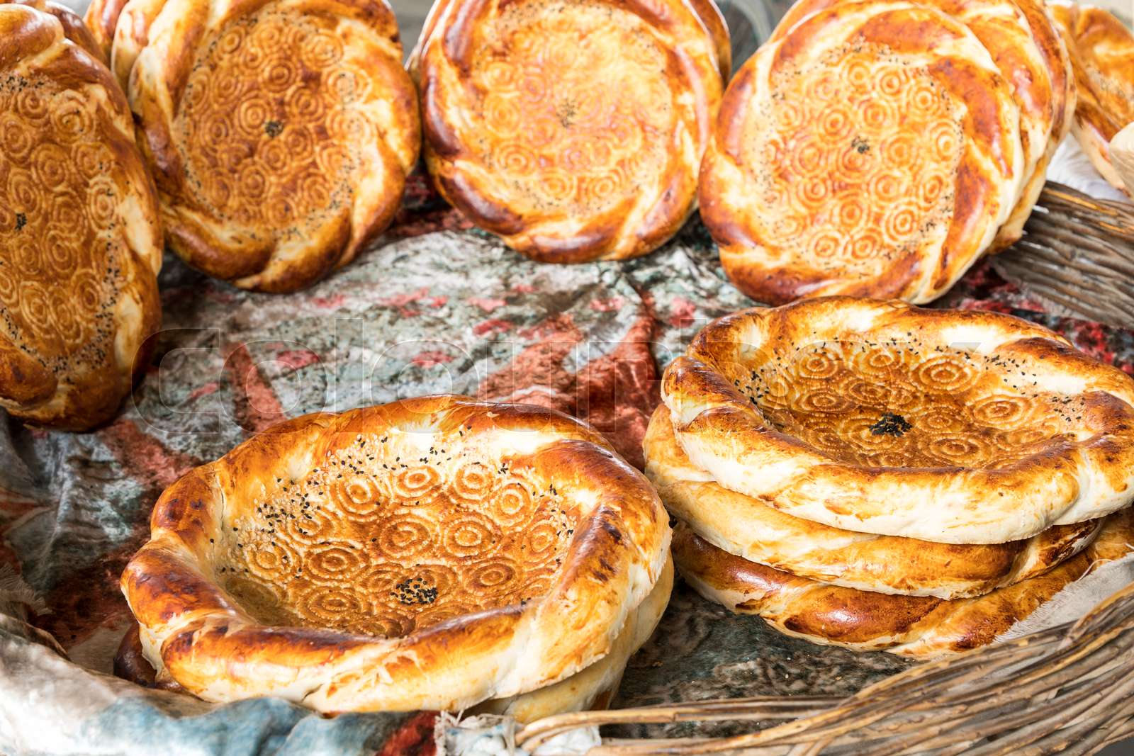 Traditional uzbekistan bread lavash at local bazaar, is a soft flat ...