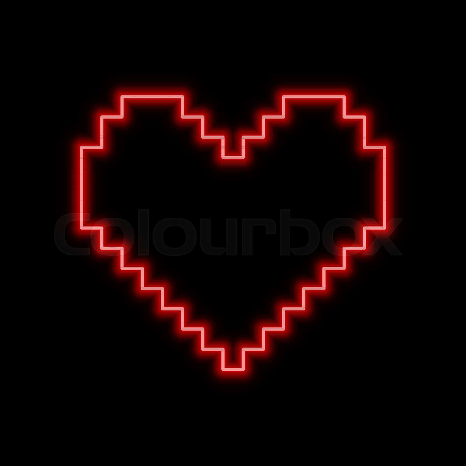 Pixel shaped heart neon sign. Bright glowing symbol on a black ...