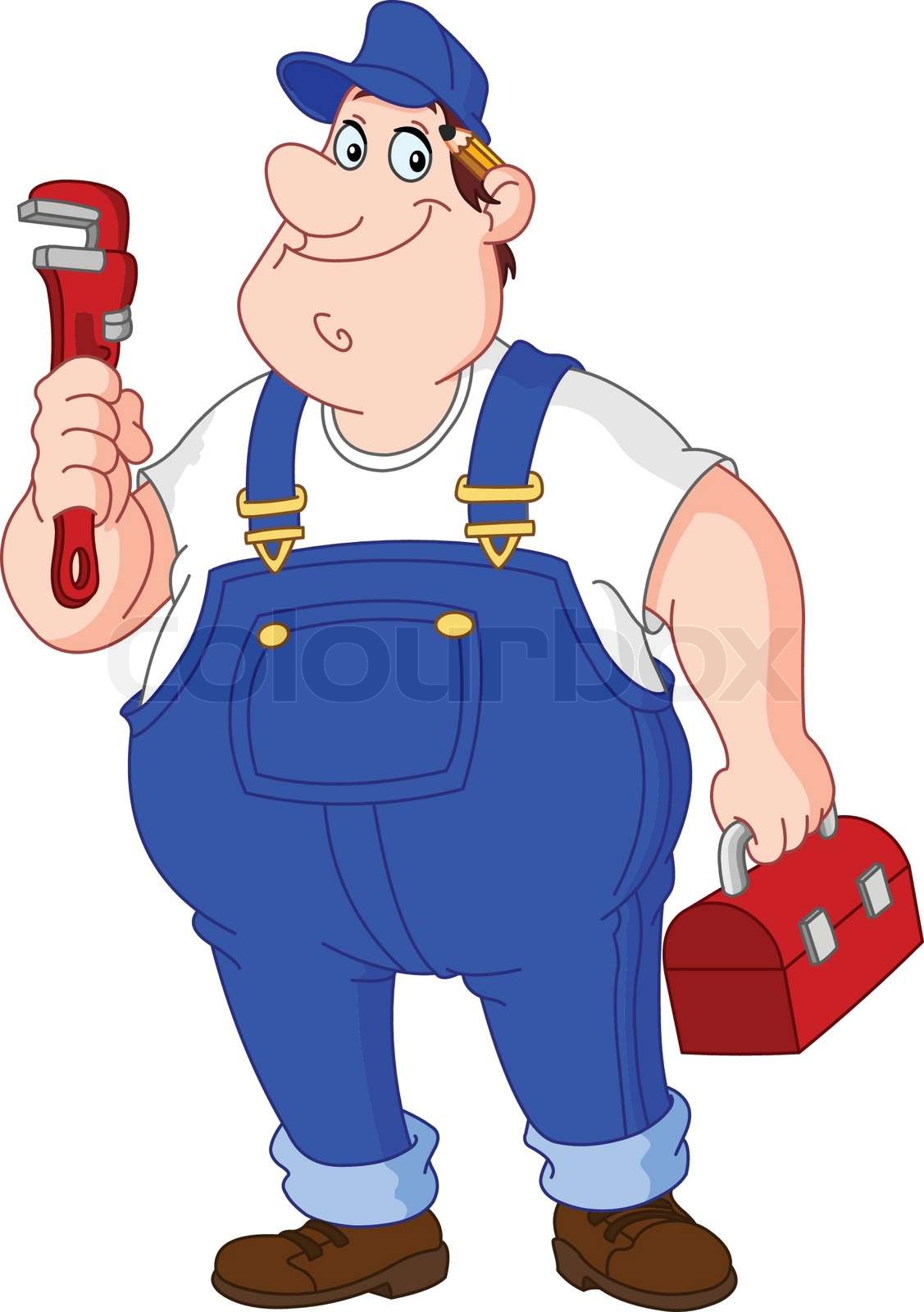 Smiley Handwerker mit großen Schraubenschlüssel und Tool-Box | Stock ...