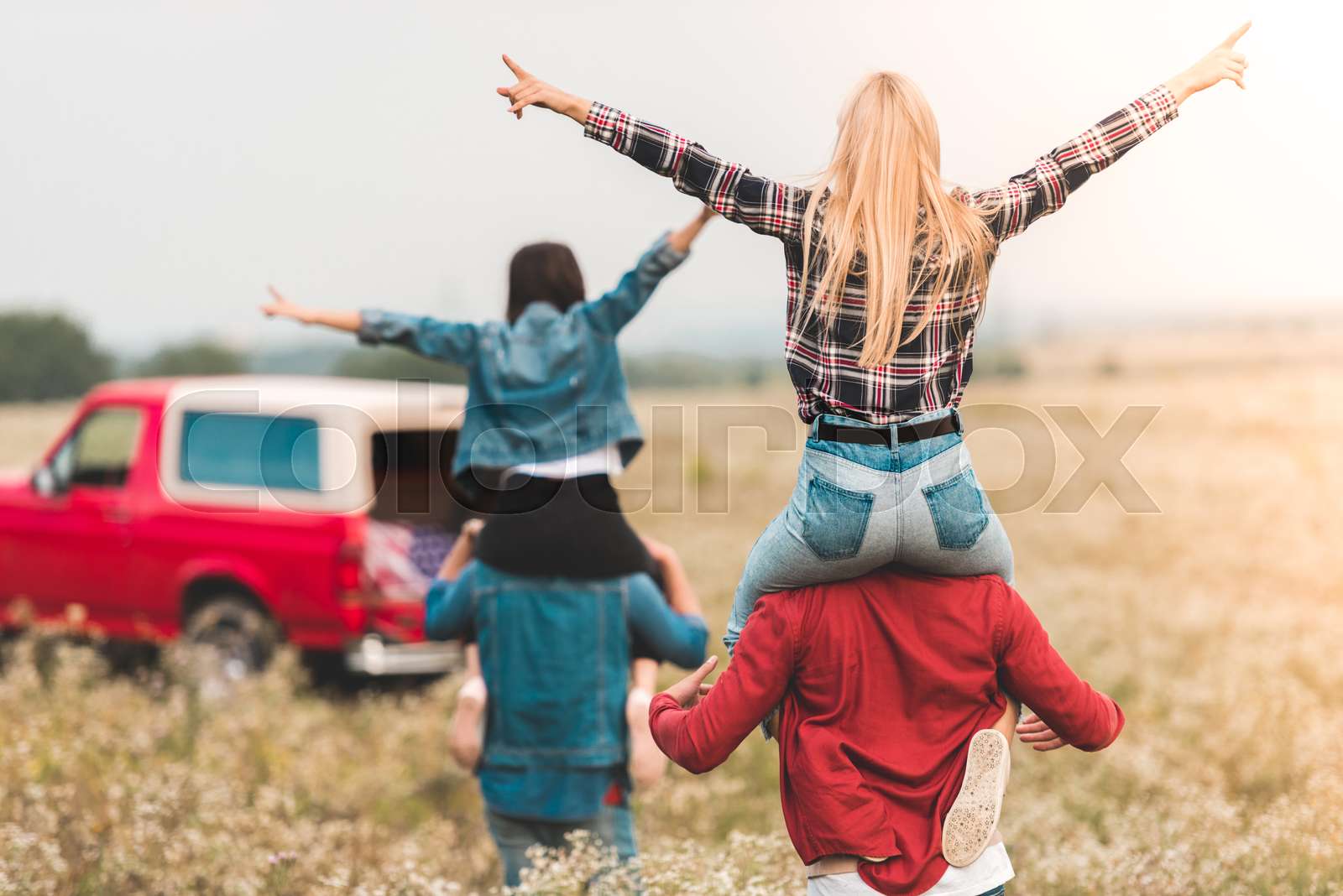 rear view of young women riding on boyfriends shoulders in field ...