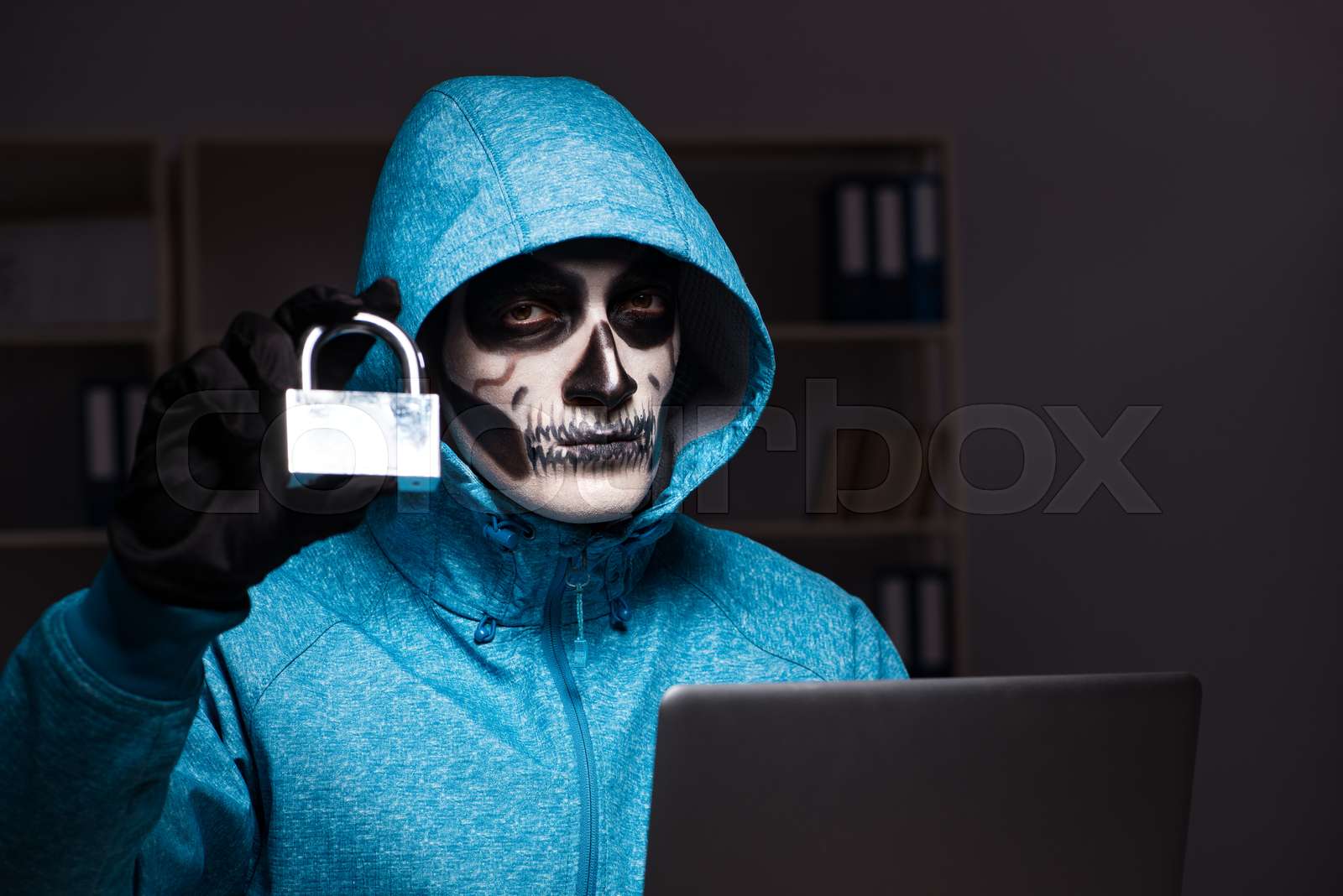 Scary hacker hacking security firewall late in office | Stock image ...
