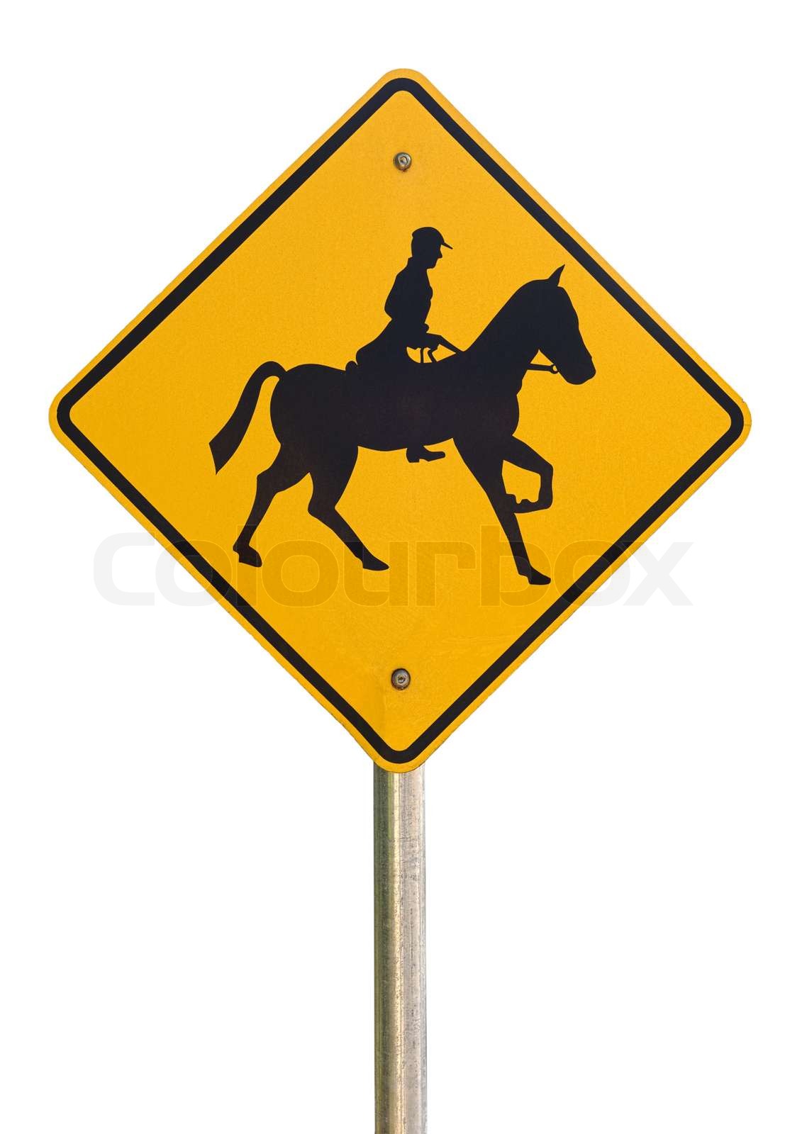 Horse rider warning traffic sign isolated on a white blackground ...