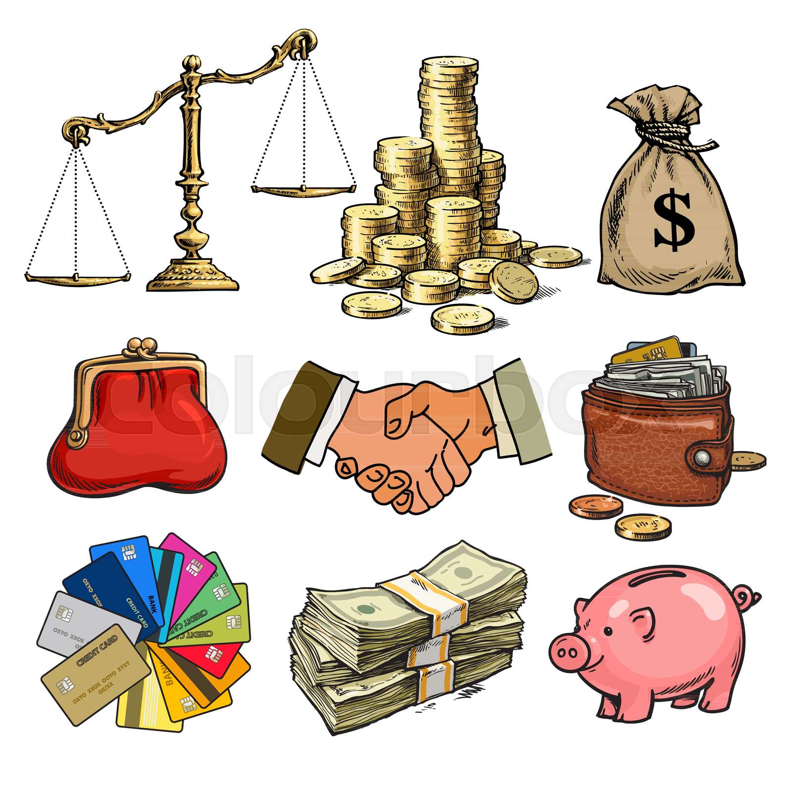 Cartoon business finance money set. Scales, stack of coins, sack of ...