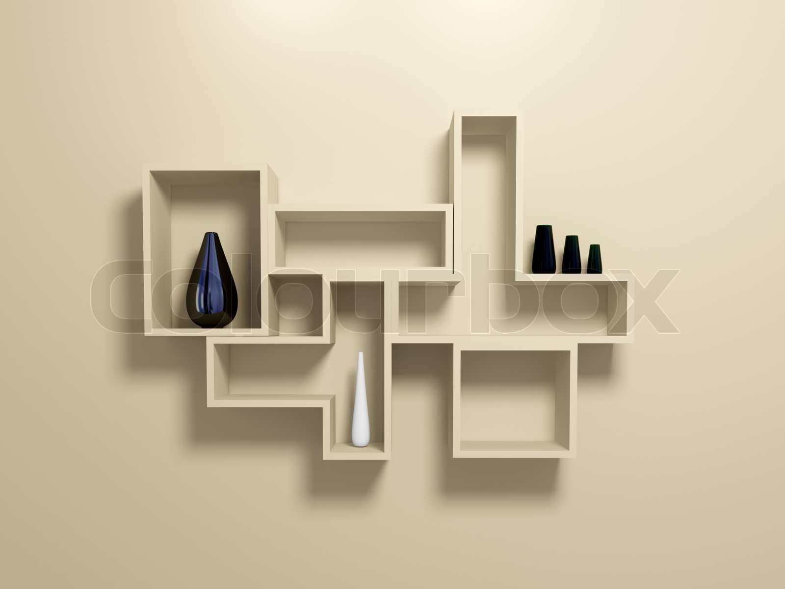 Modern shelves on beige wall with decorative vases | Stock image ...