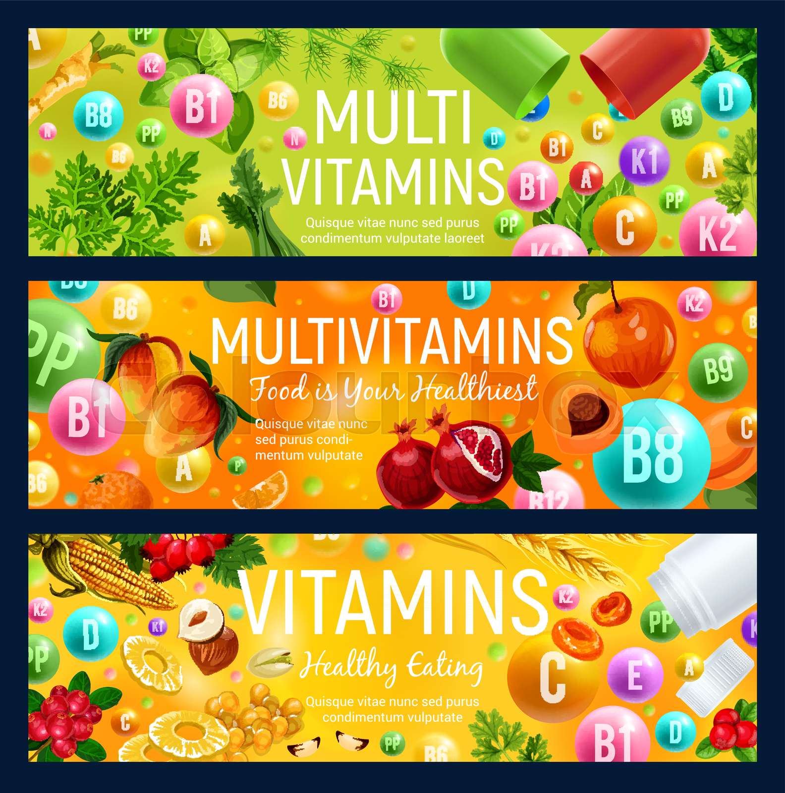 Multivitamin banners, natural vitamin food | Stock vector | Colourbox