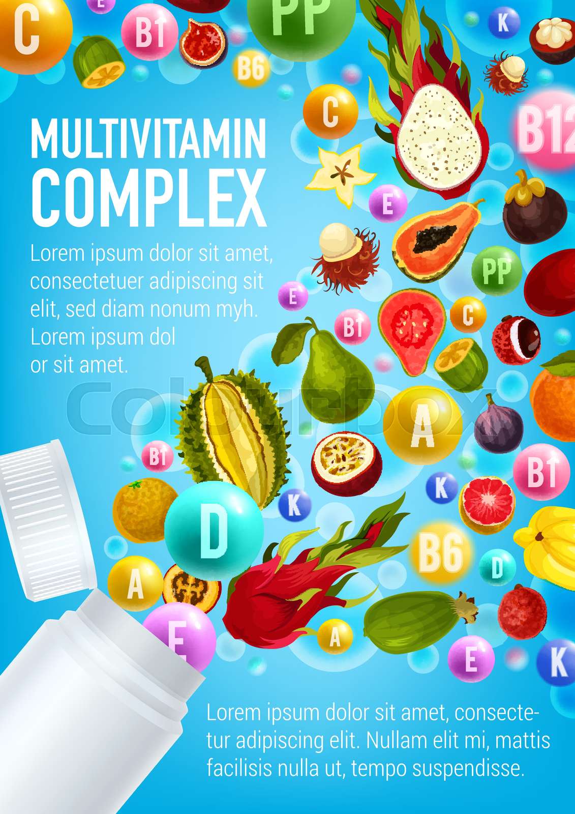 Multivitamin poster, vitamin pill and fruits | Stock vector | Colourbox