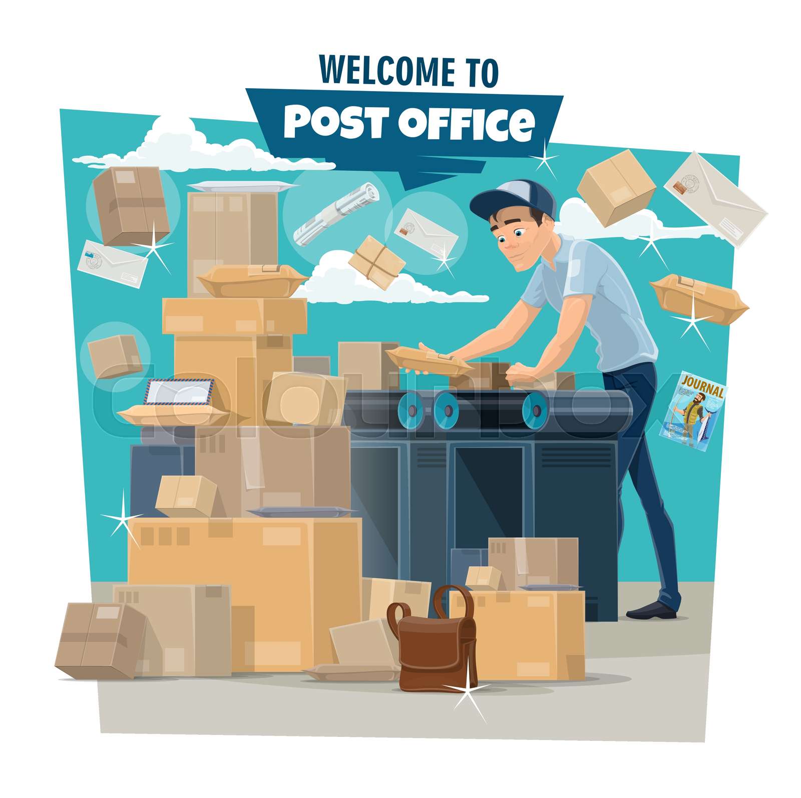 Postman sorting mail and parcels at post office | Stock vector | Colourbox