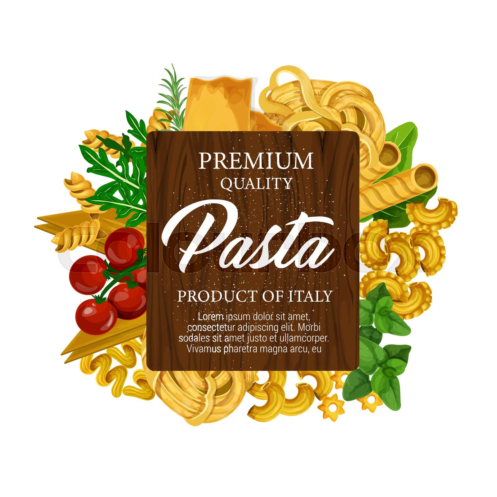 Italian pasta, tomato and green herbs label | Stock vector | Colourbox