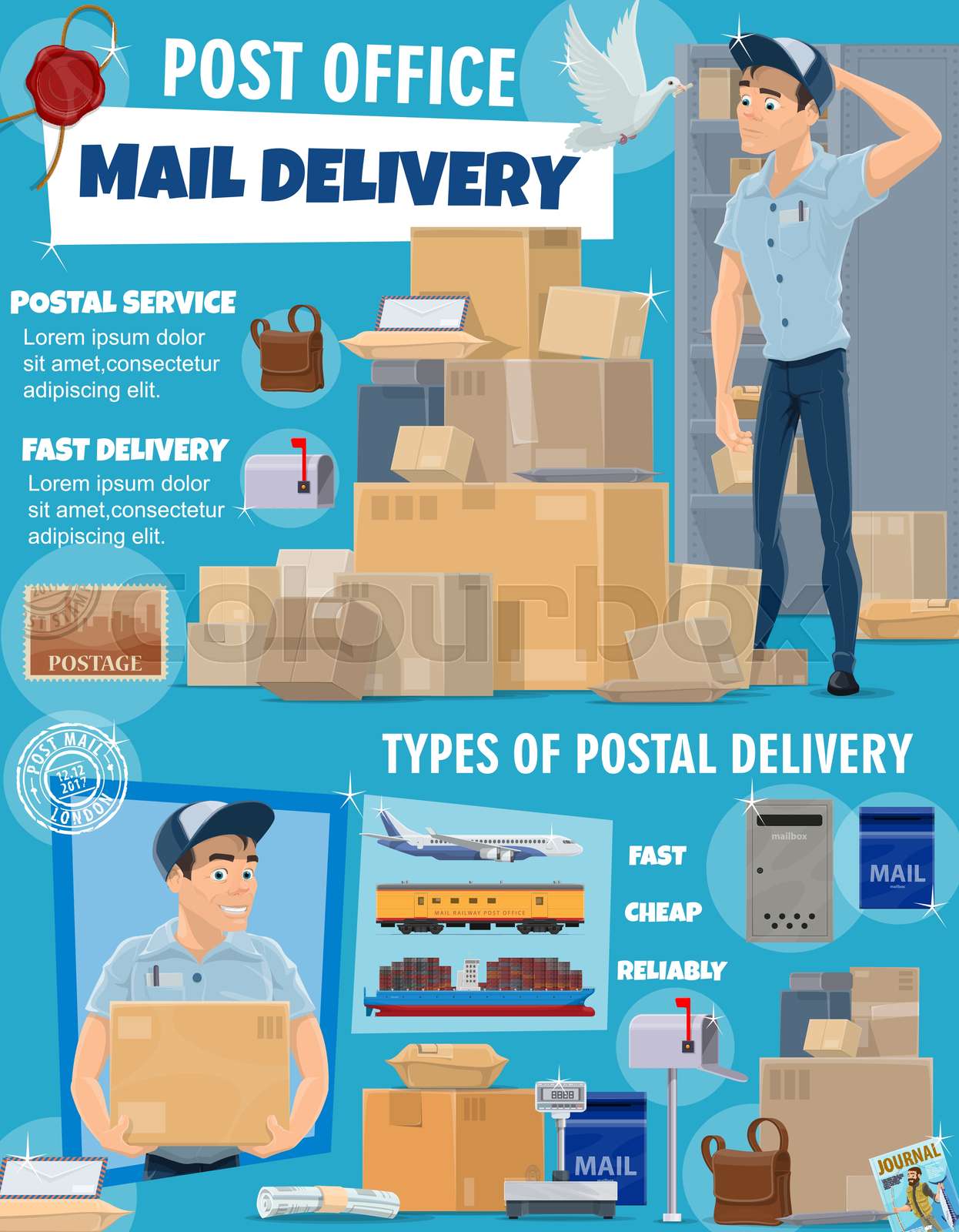 Mail delivery service, postman and parcels | Stock vector | Colourbox