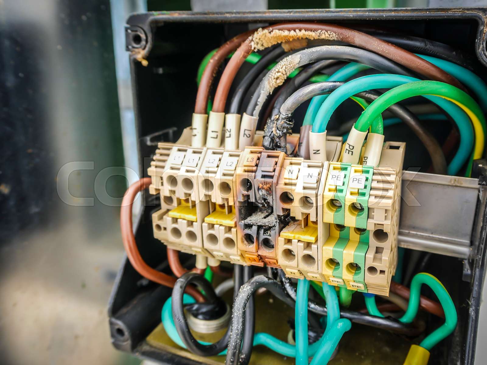 Electrical power cable and terminal short circuit | Stock image | Colourbox