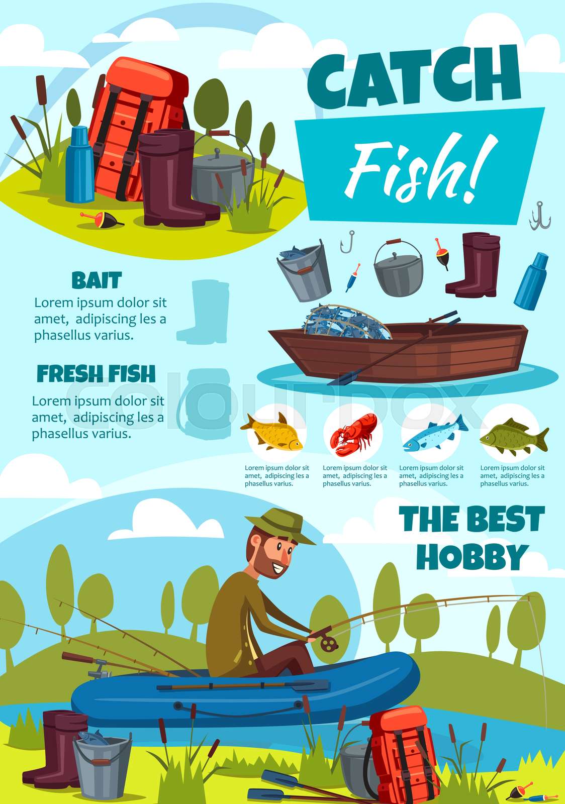 Fishing sport poster with fisherman, equipment | Stock vector | Colourbox