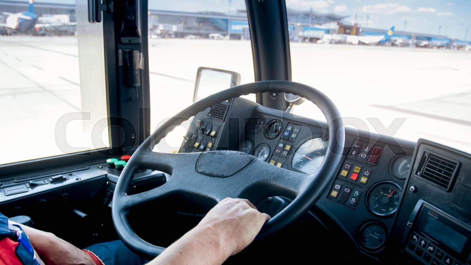 View from the driver cockpit of bus delivering passengers to the ...