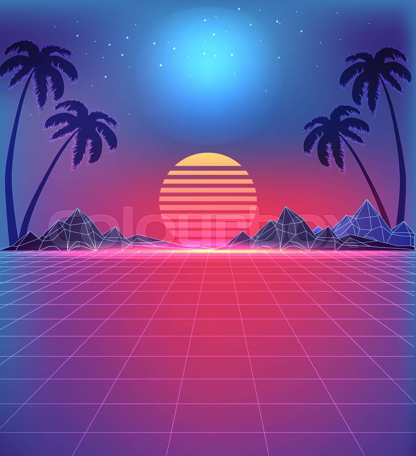 80s Style Landscape with Grid Texture in Neon | Stock vector | Colourbox