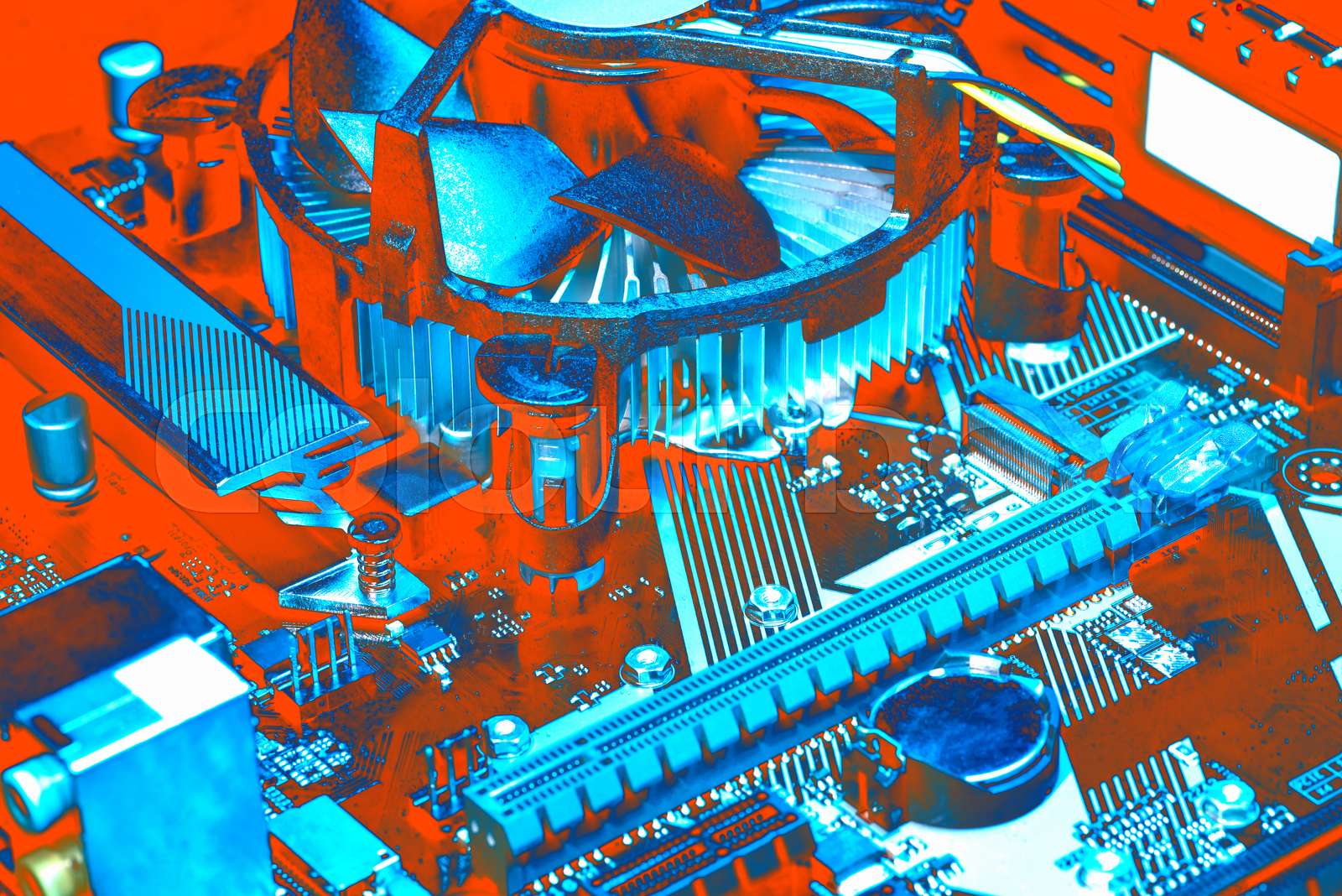 Hot red PC motherboard, CPU, cooler and memory | Stock image | Colourbox