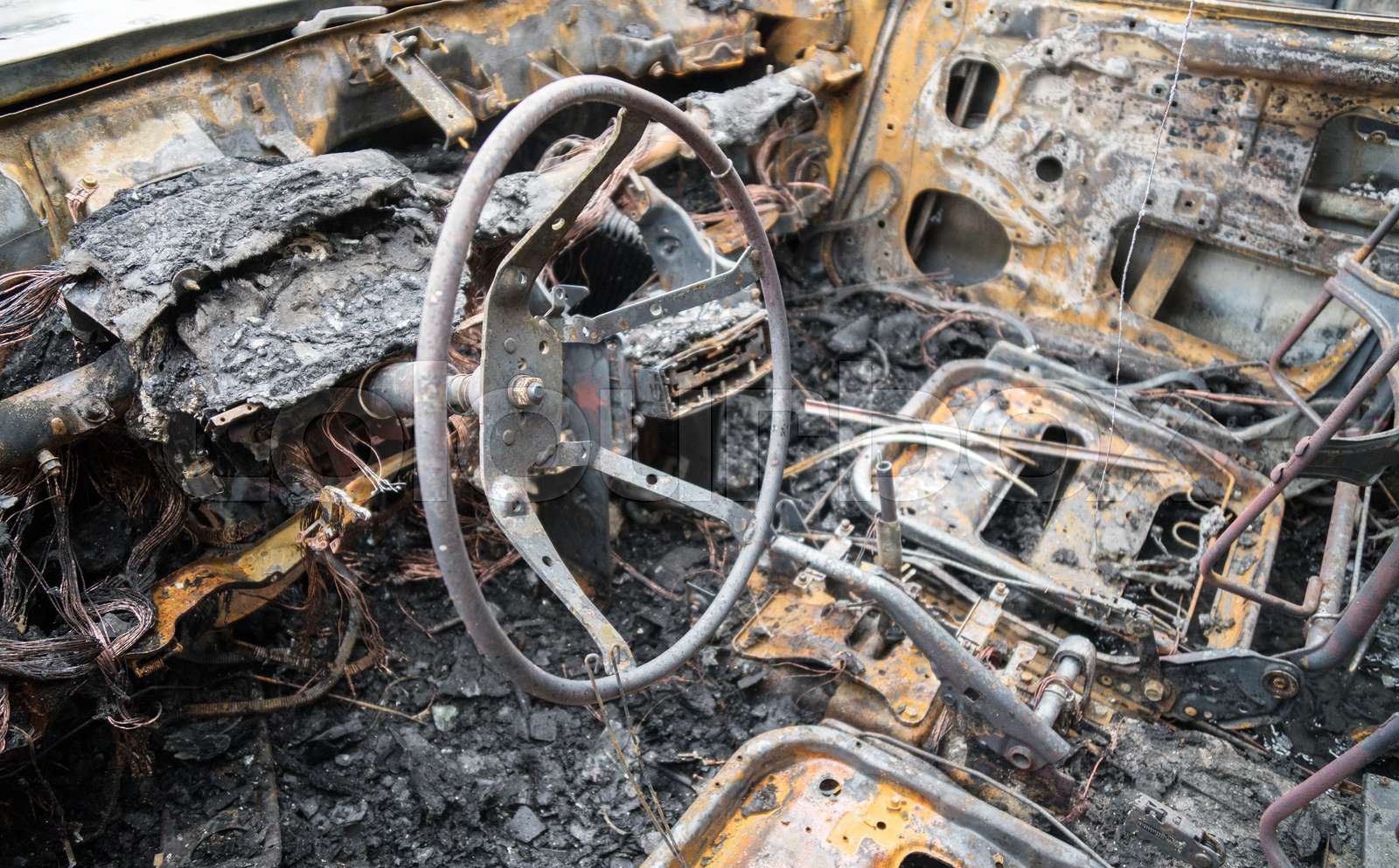 Burned out car after a car accident. Inside view. | Stock image | Colourbox