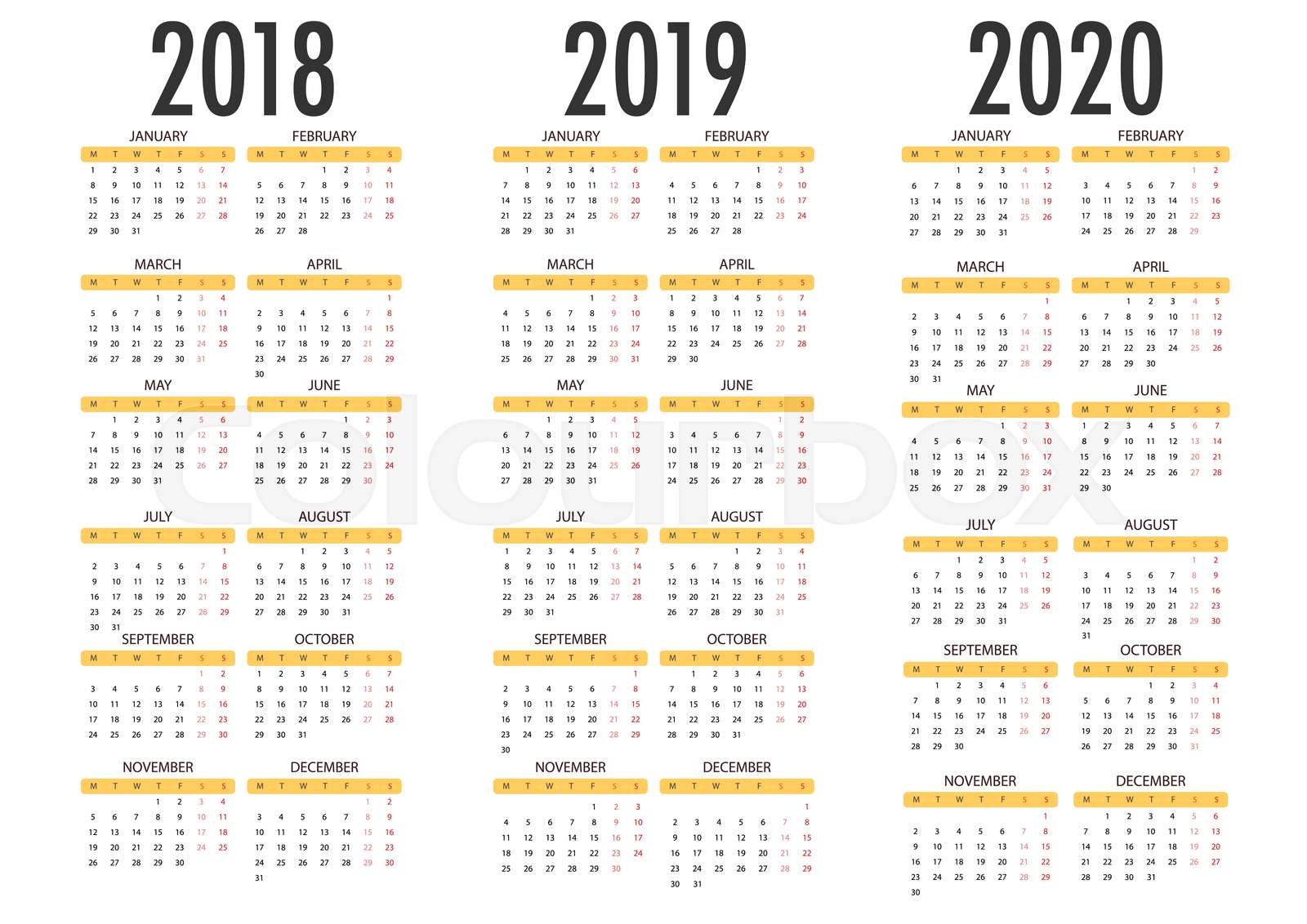 Calendar for 2018 2019 2020 Simple Vector Template | Stock vector ...