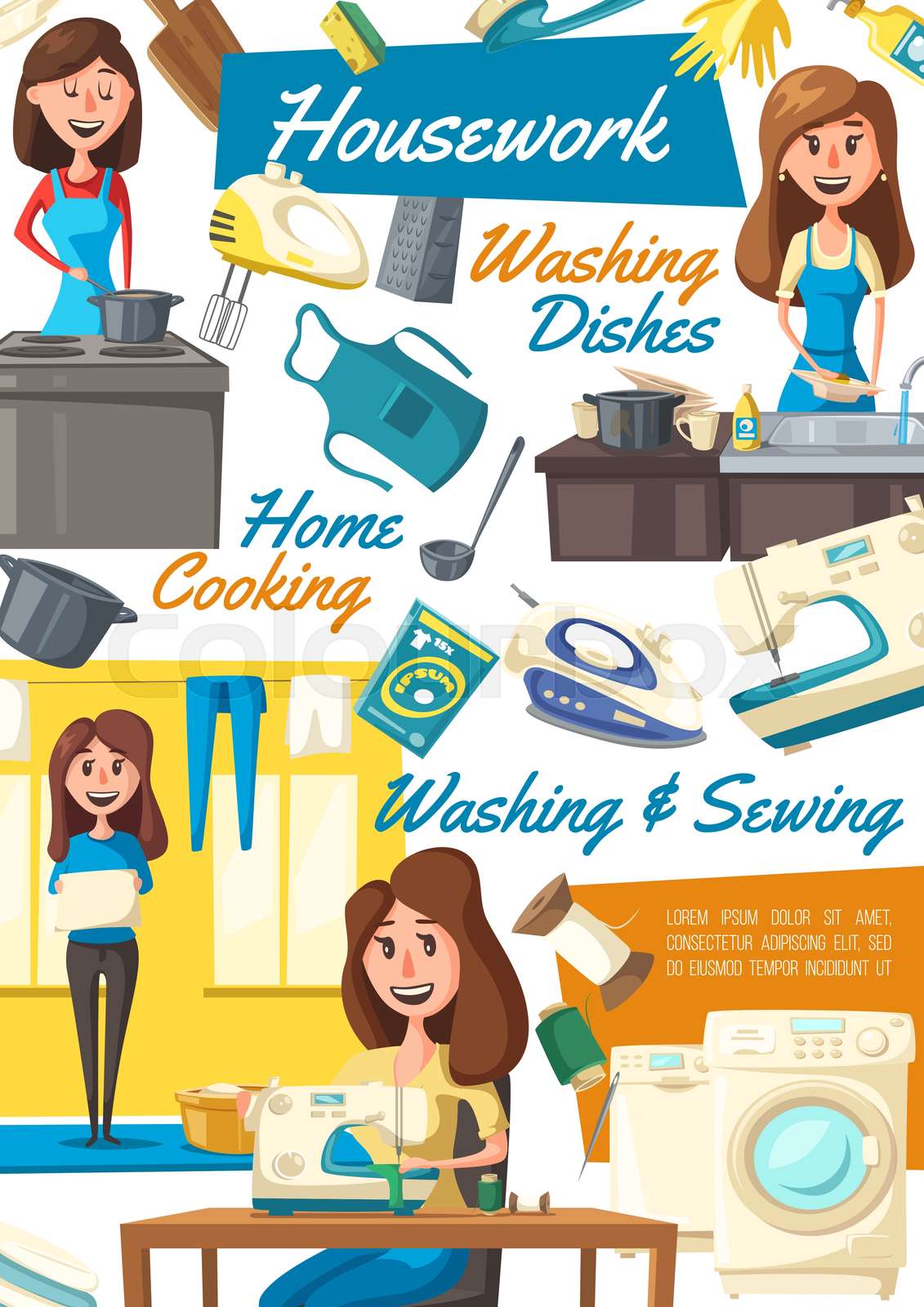 Housework and housekeeping poster with housewife | Stock vector | Colourbox
